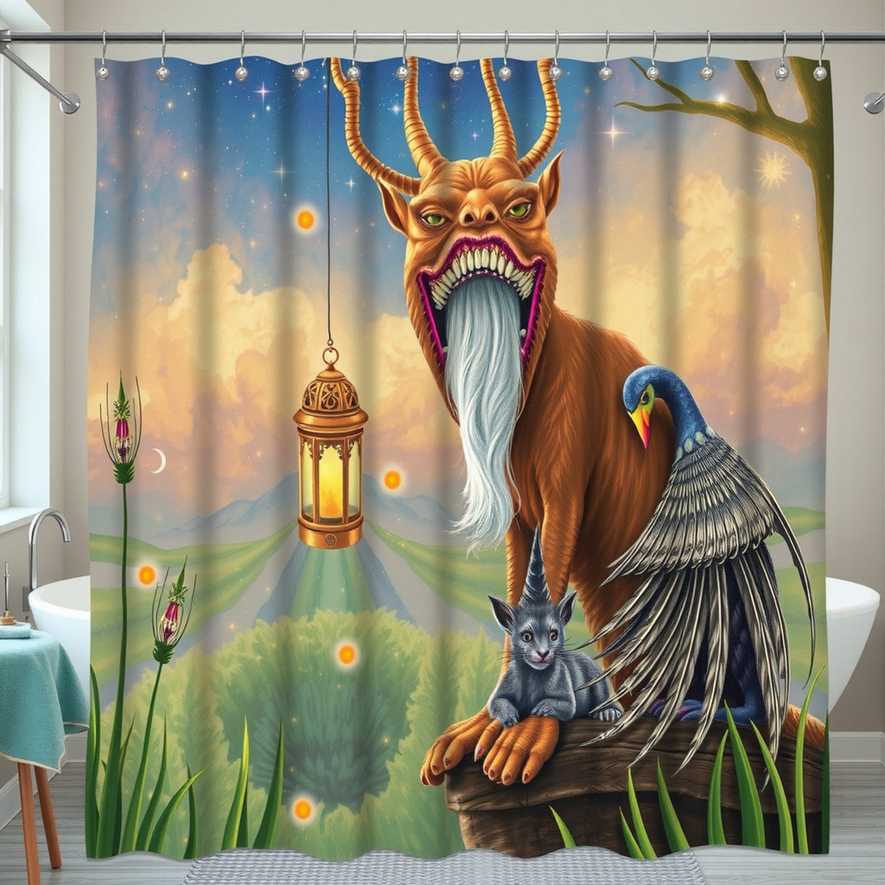 Whimsical Fantasy Shower Curtain with Beast Horned Creature & Starry ...