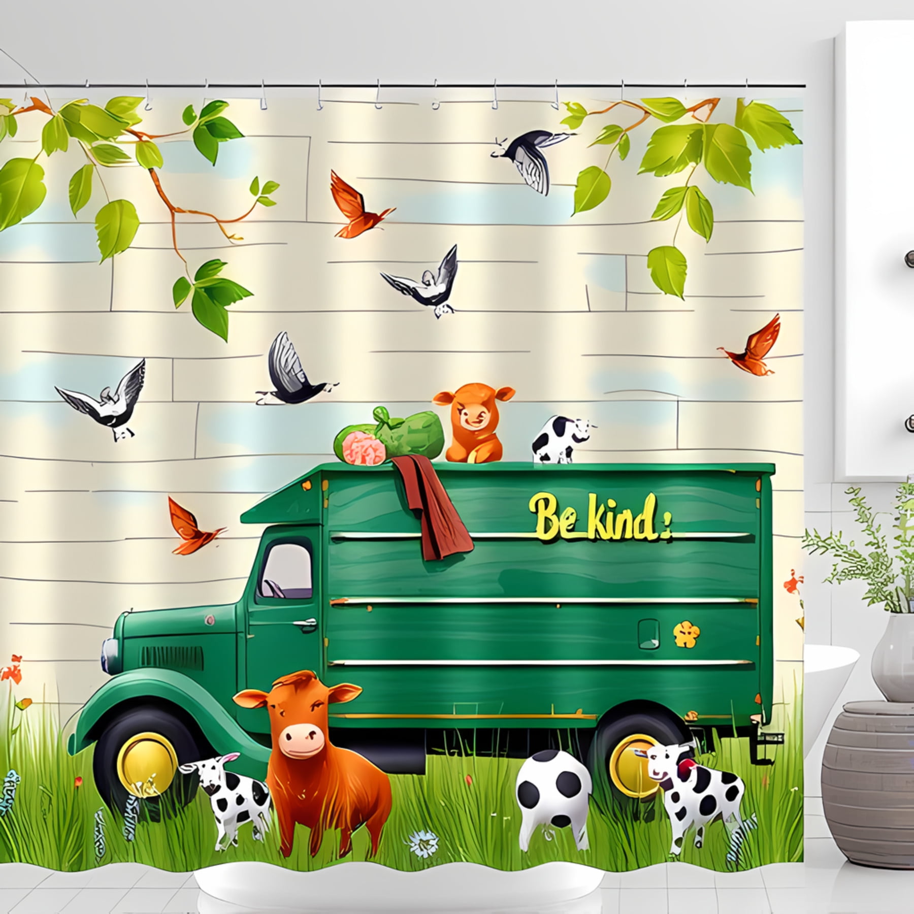 Whimsical Farm Animals Shower Curtain - Cheerful Green Truck Cows Pigs ...
