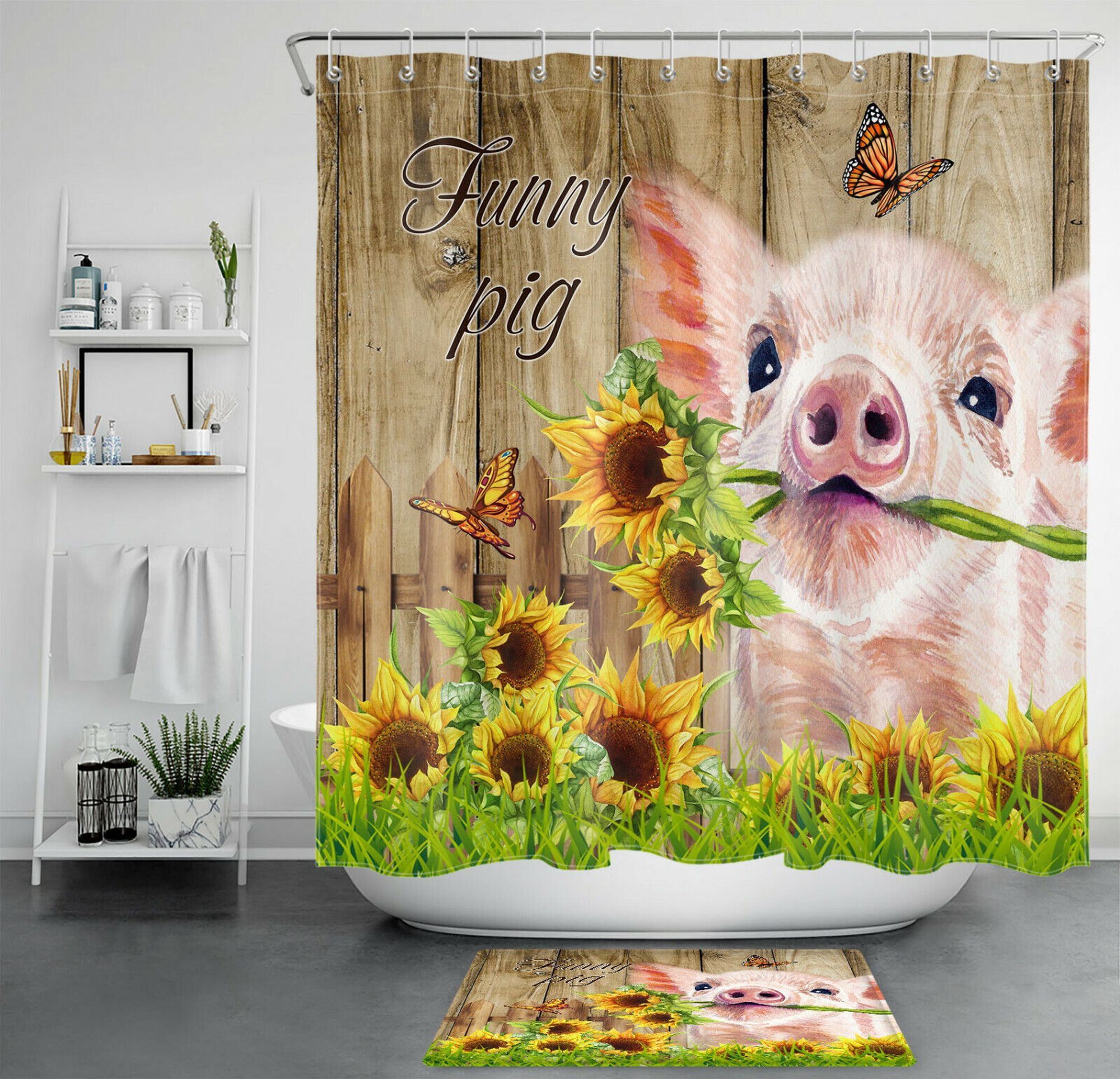 Whimsical Farmhouse Shower Curtain with Pig, Sunflower, and Butterfly ...