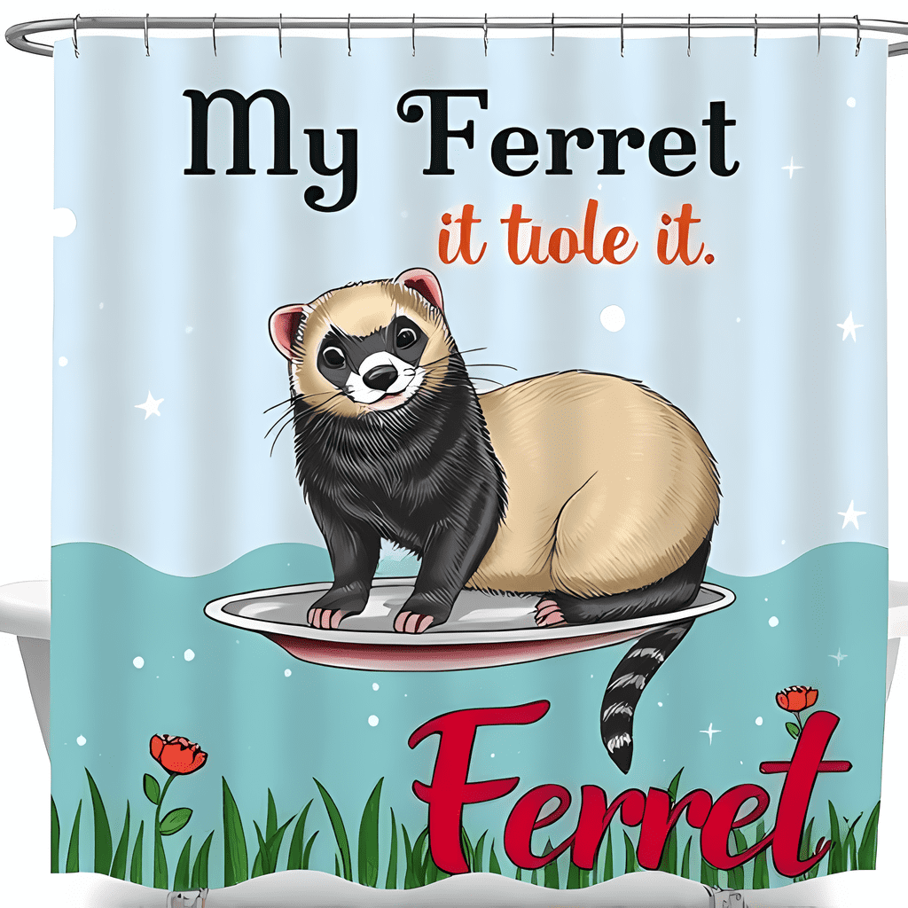 Whimsical Ferret Flying Saucer Shower Curtain - Playful Pastel Blue Design with Stars & Flowers ...