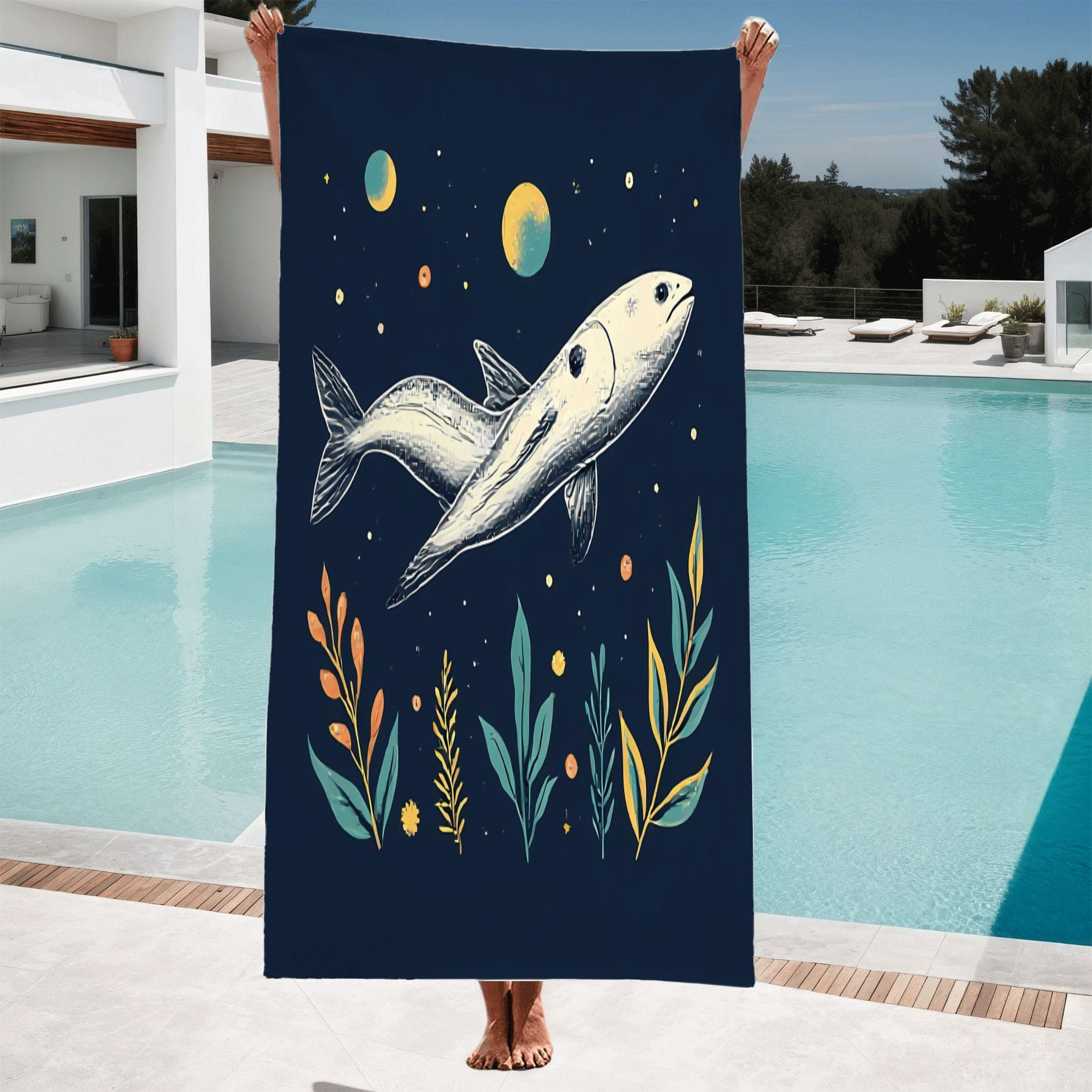 Whimsical Fish & Cosmic Celestial Beach Towel - Vibrant Patterns ...