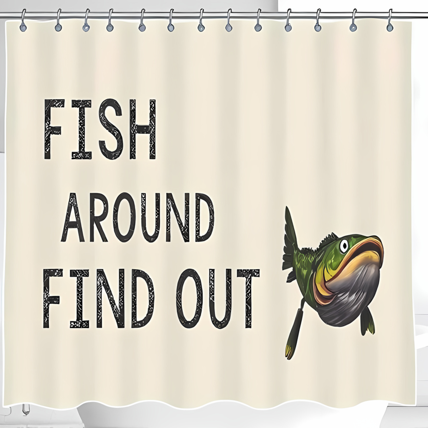 Whimsical Fish Shower Curtain with Bold 'FISH AROUND FIND OUT' Text and ...