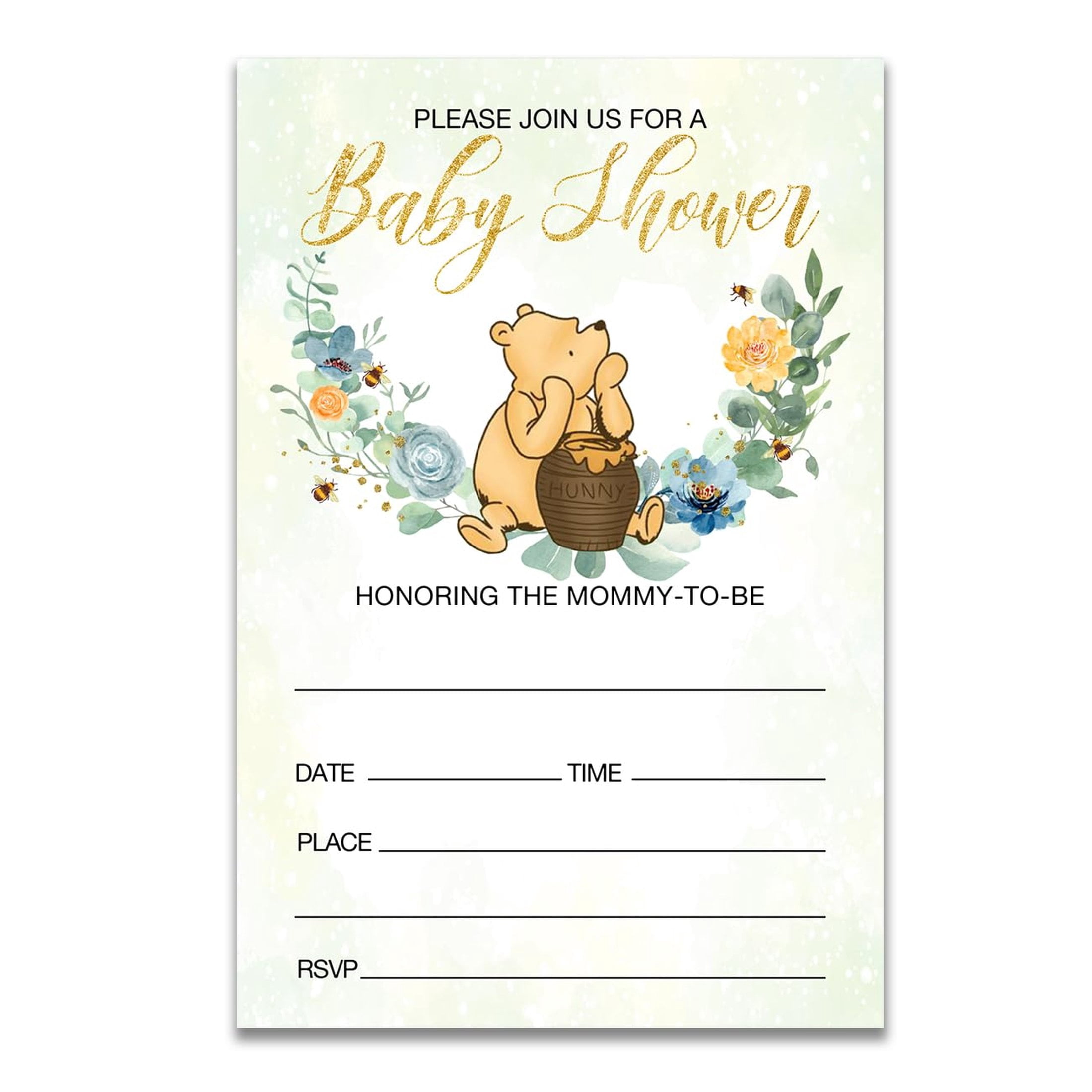 Whimsical Floral Pooh Bear Baby Shower Invitations - Fill-in Style, 20 Count with Envelopes for ...