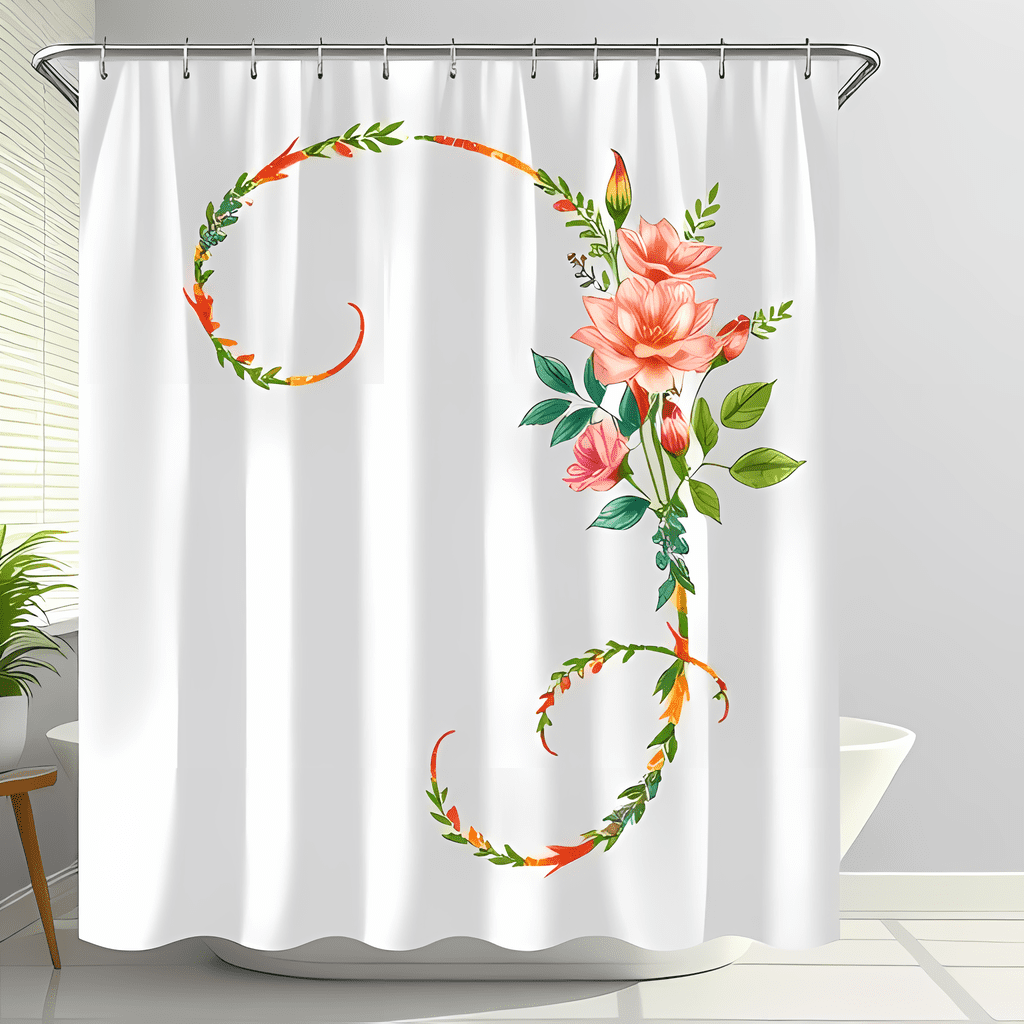 Whimsical Floral Shower Curtain - Elegant Orange & Pink Roses on White ...