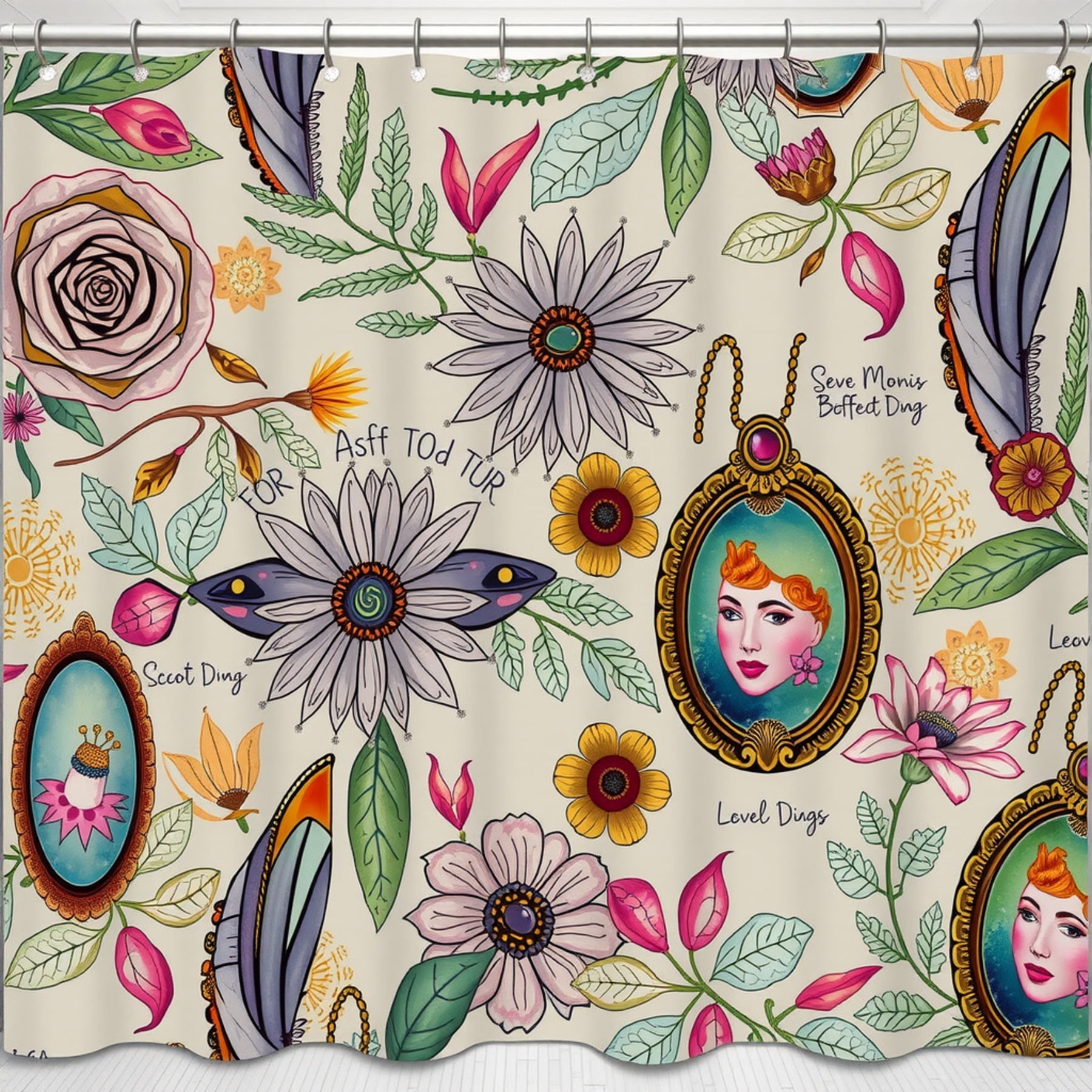 Whimsical Floral Shower Curtain with Portraits & Butterflies - Elegant ...