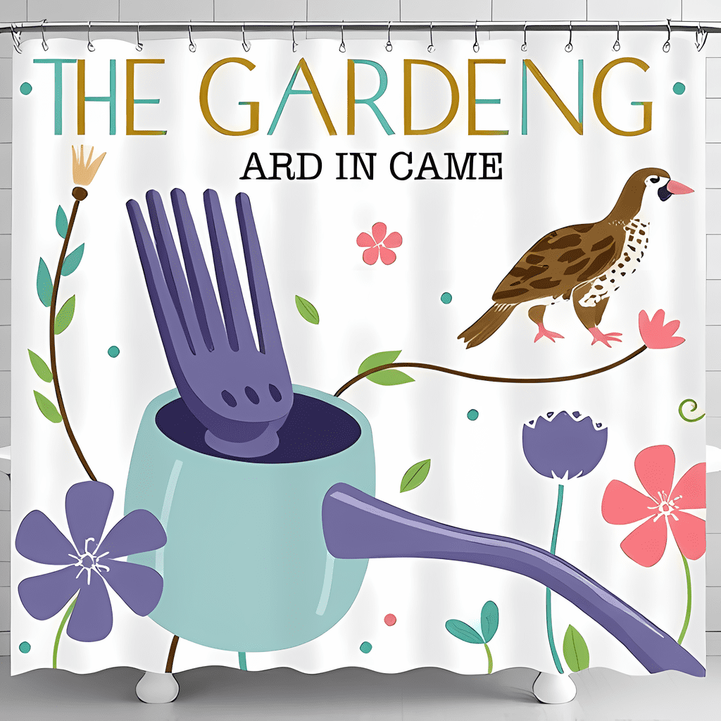 Whimsical Floral Shower Curtain with Purple Rake & Bird - Cheerful ...