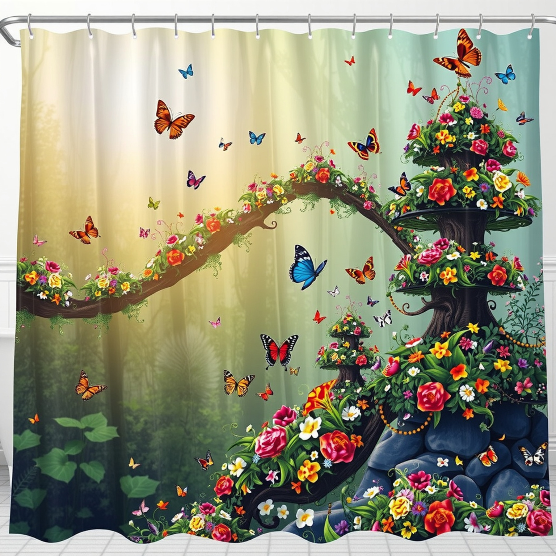 Whimsical Floral Tree Branch Shower Curtain with Butterflies ...