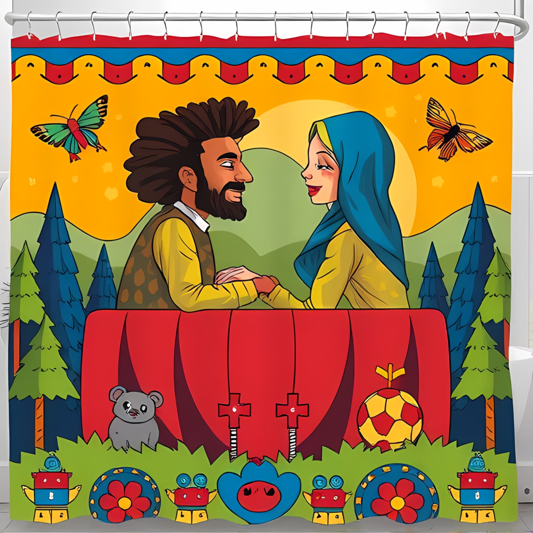 Whimsical Folk Art Shower Curtain with Bearded Man Woman in Blue ...