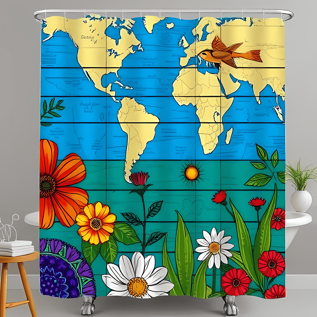Whimsical Folk-Art World Map Shower Curtain with Colorful Floral Border ...