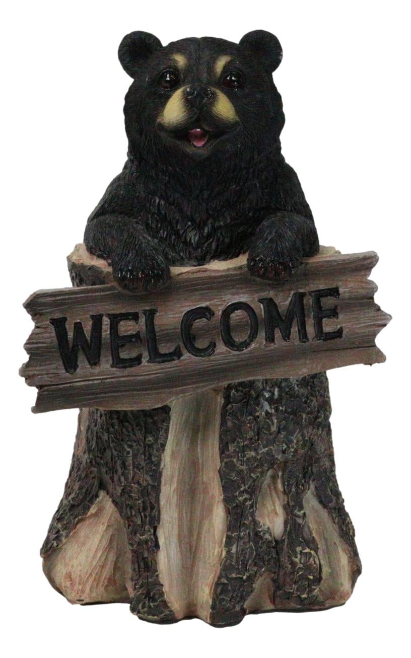 Whimsical Forest Black Bear On Tree Log Holding Welcome Plank Sign ...
