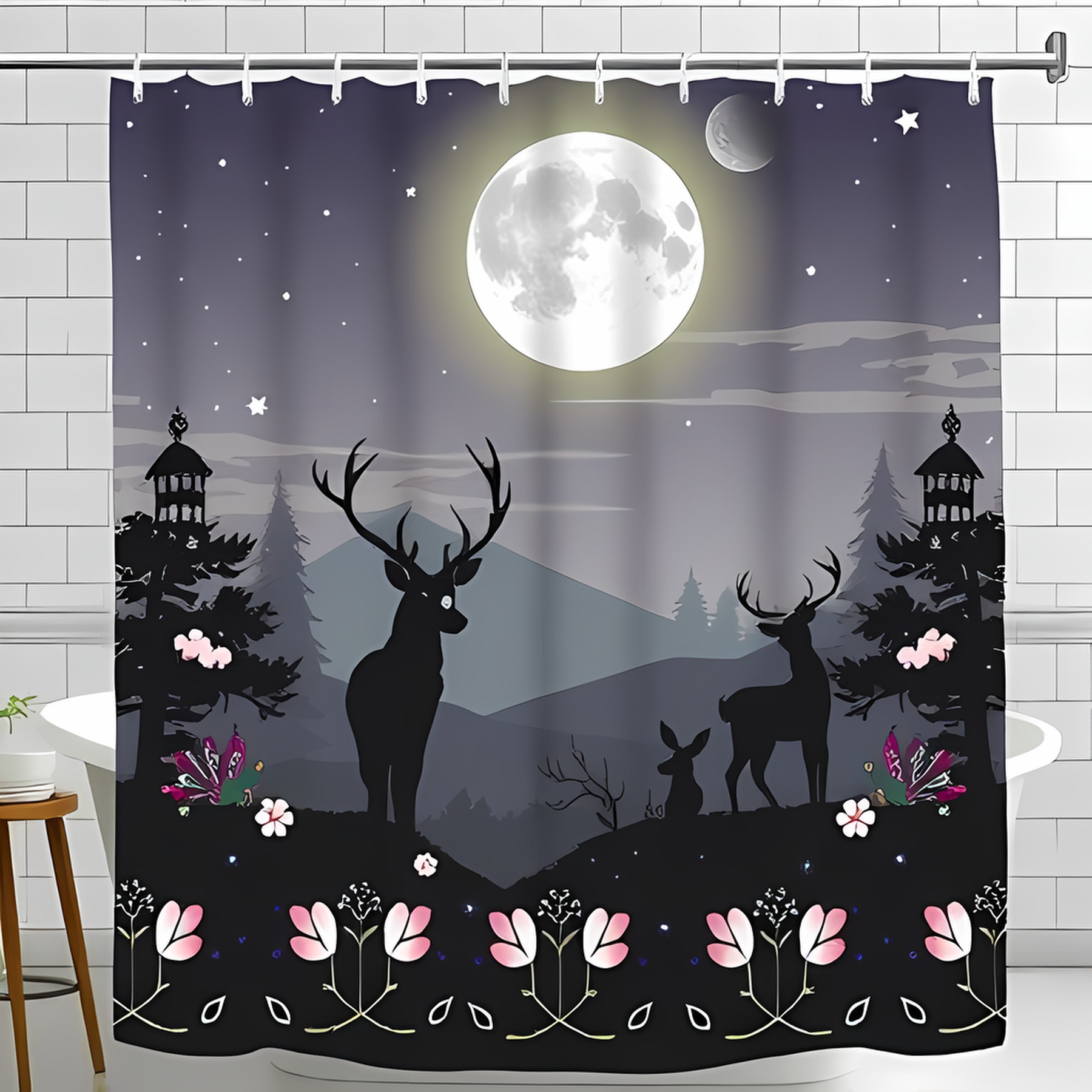 Whimsical Forest Nighttime Shower Curtain with Deer & Floral Border ...