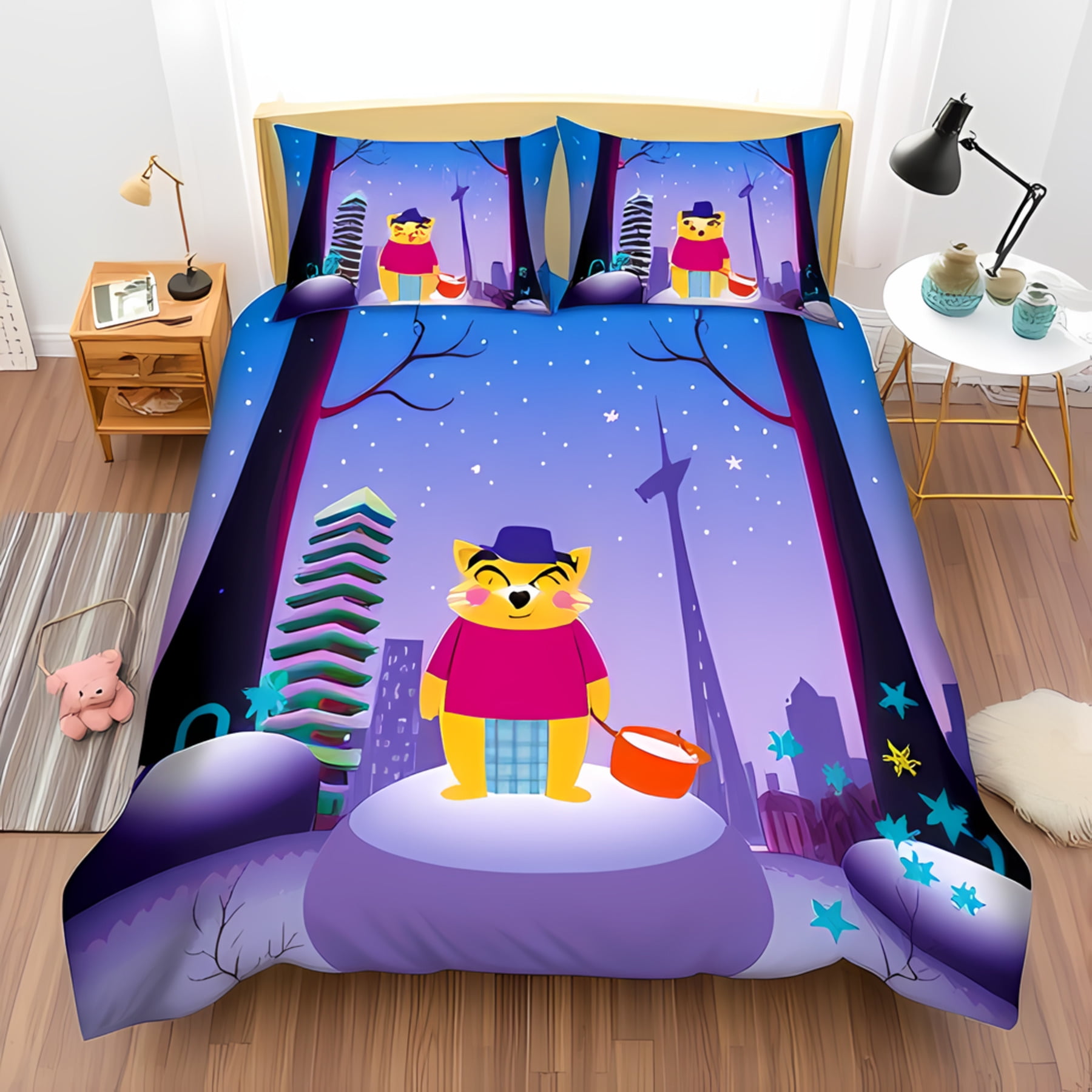 Whimsical Forest-Themed 3-Piece Duvet Cover Set with Cheerful Bear ...