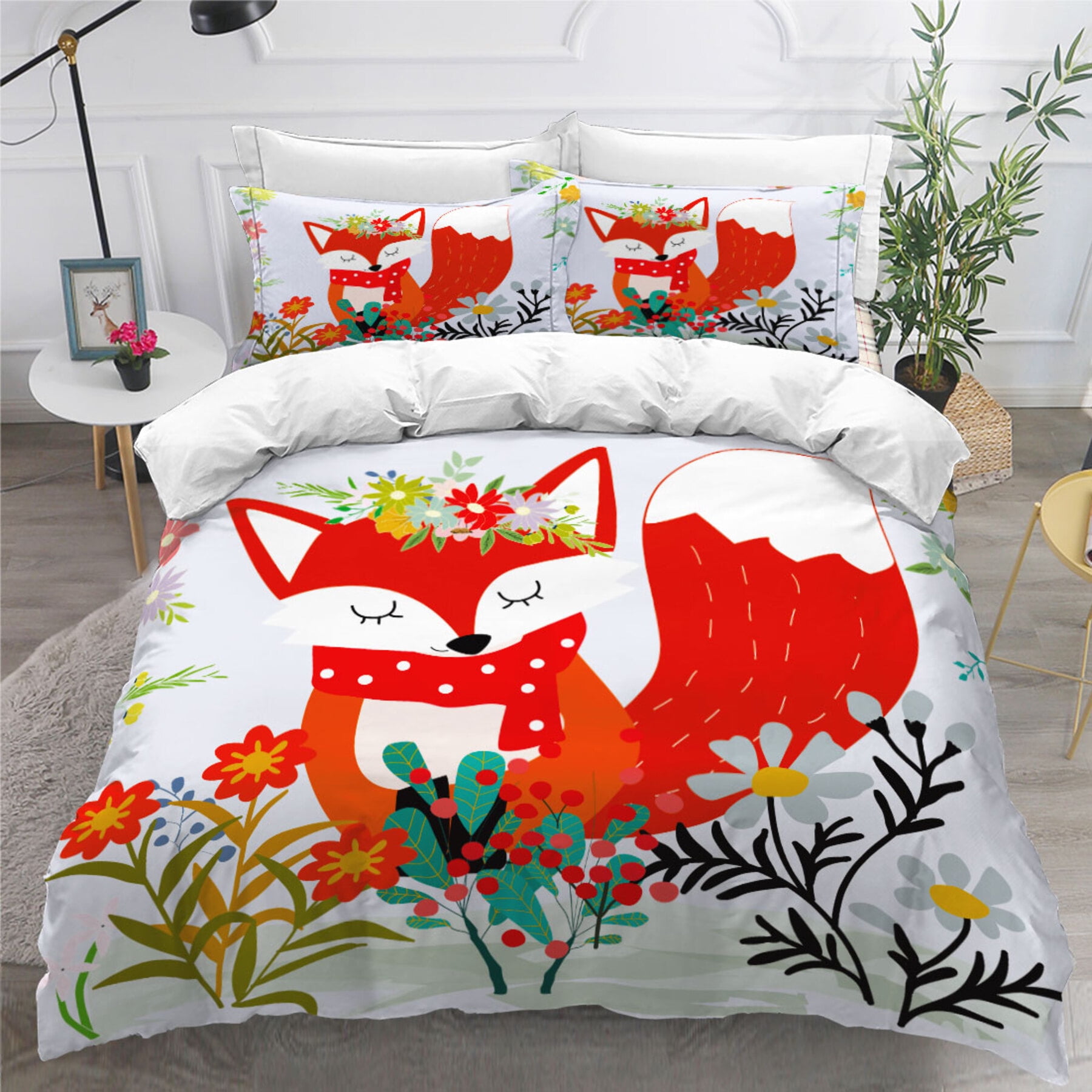 Whimsical Fox Duvet Cover Set with Floral Crown & Polka-Dot Scarf ...
