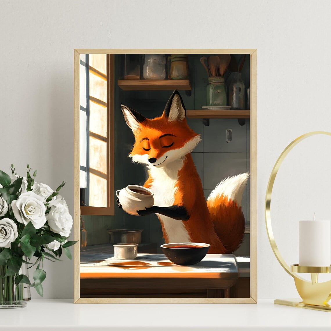 Whimsical Fox Kitchen Art, Cute Fox Holding Cup Poster, Cozy ...