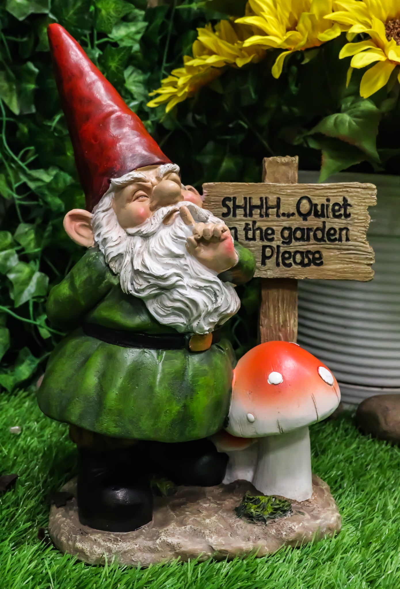 Whimsical Garden Gnome With Toadstool Mushroom And SHHH Quiet Yard Sign ...