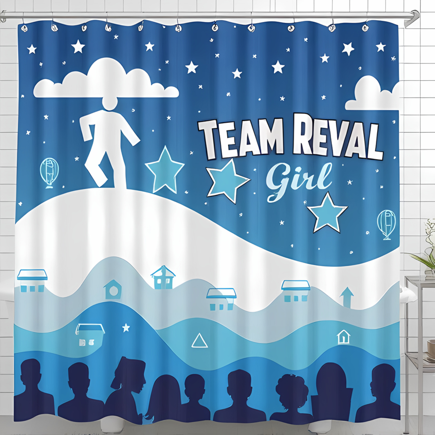 Whimsical Gender Reveal Shower Curtain with Joyful Figure Rolling Hills ...