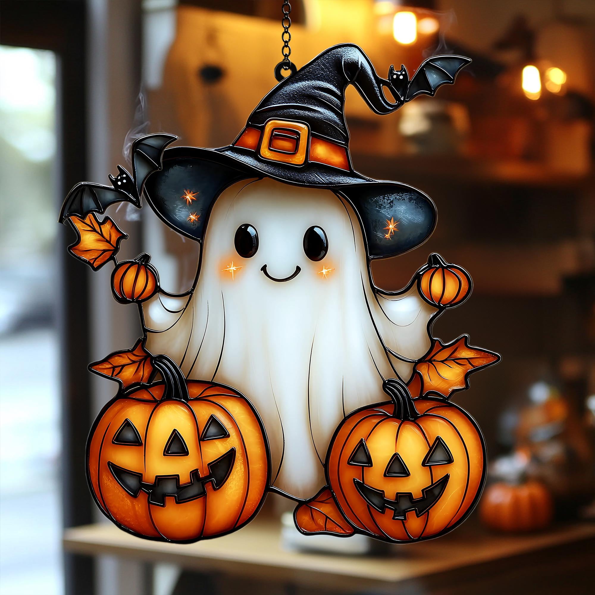 Whimsical Ghost Acrylic Window Hanging – Faux Stained Glass Halloween Suncatcher With Witch Hat ...