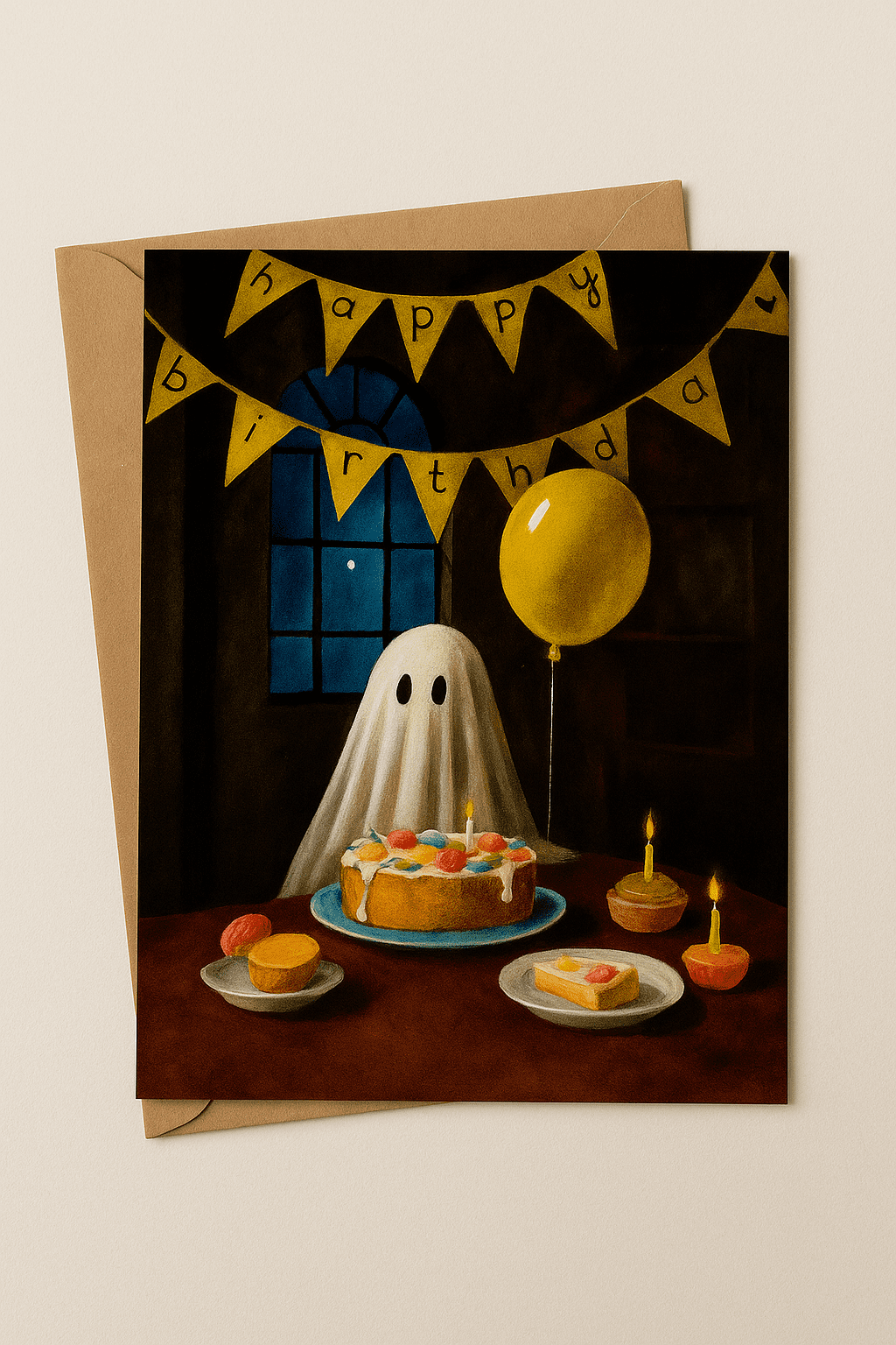 Whimsical Ghost Birthday Card with Cake and Balloons – Fun Illustration ...