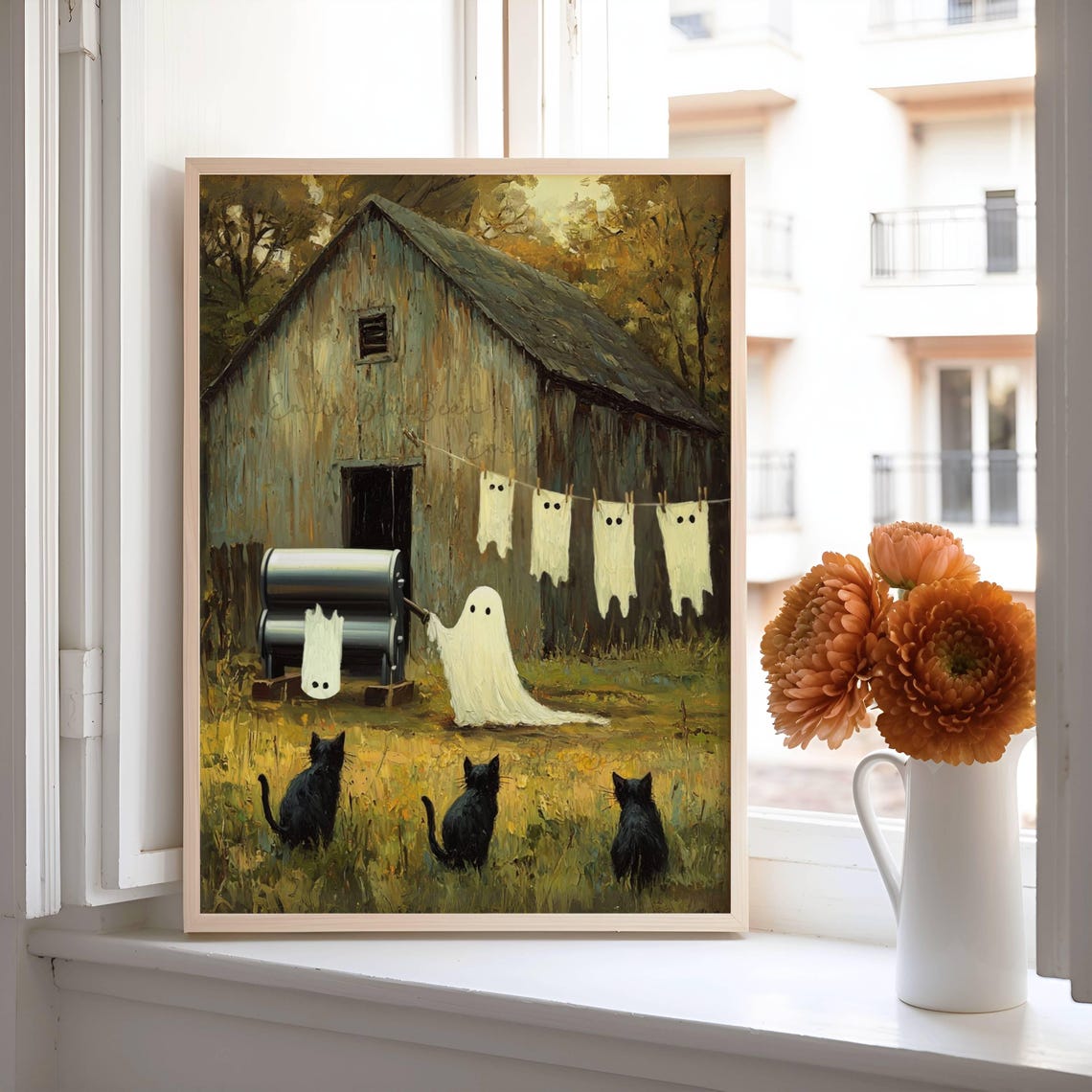 Whimsical Ghost Doing Laundry With Black Cats Poster, Spooky Cute ...