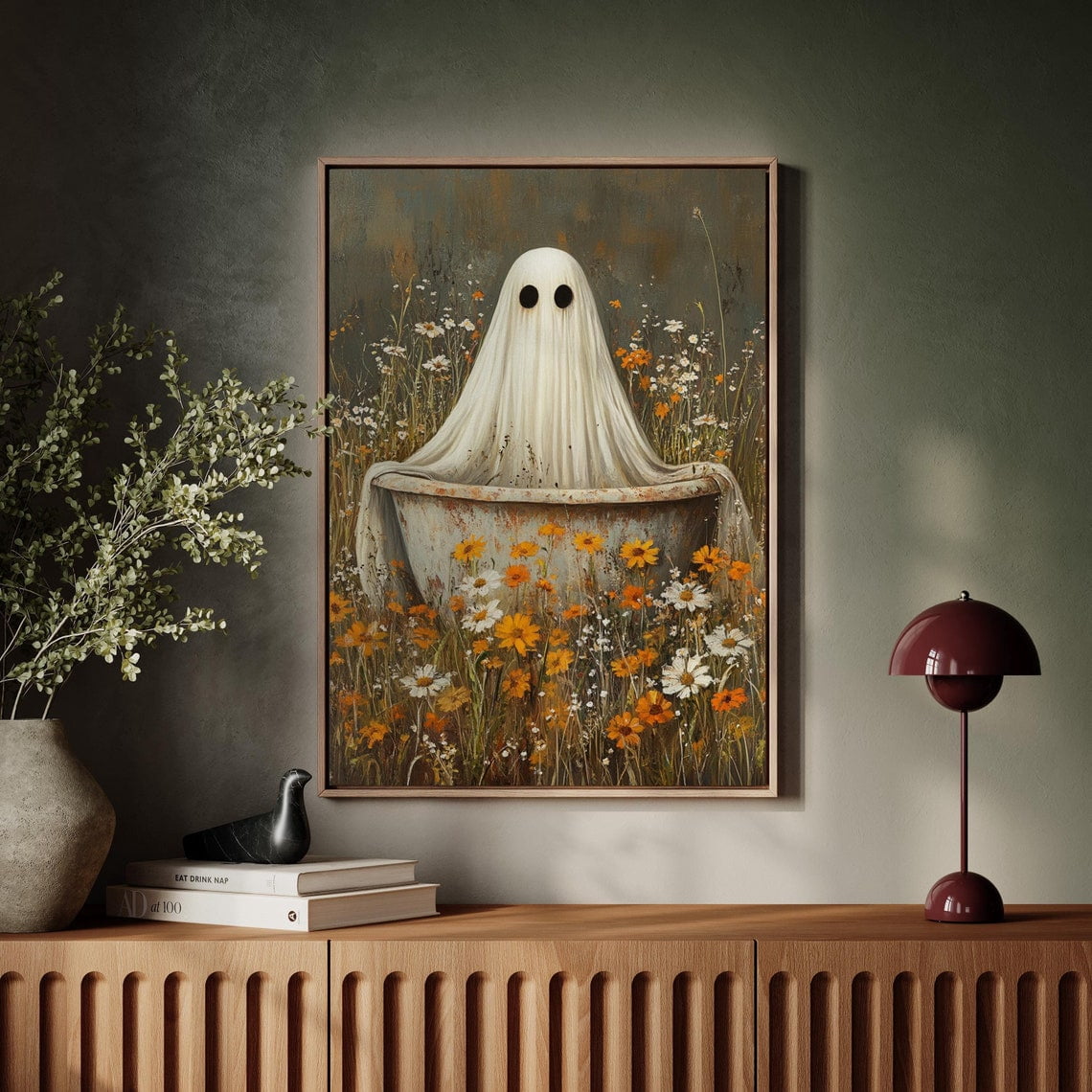 Whimsical Ghost Wall Art With Floral Bathtub Scene – Spooky And Playful ...
