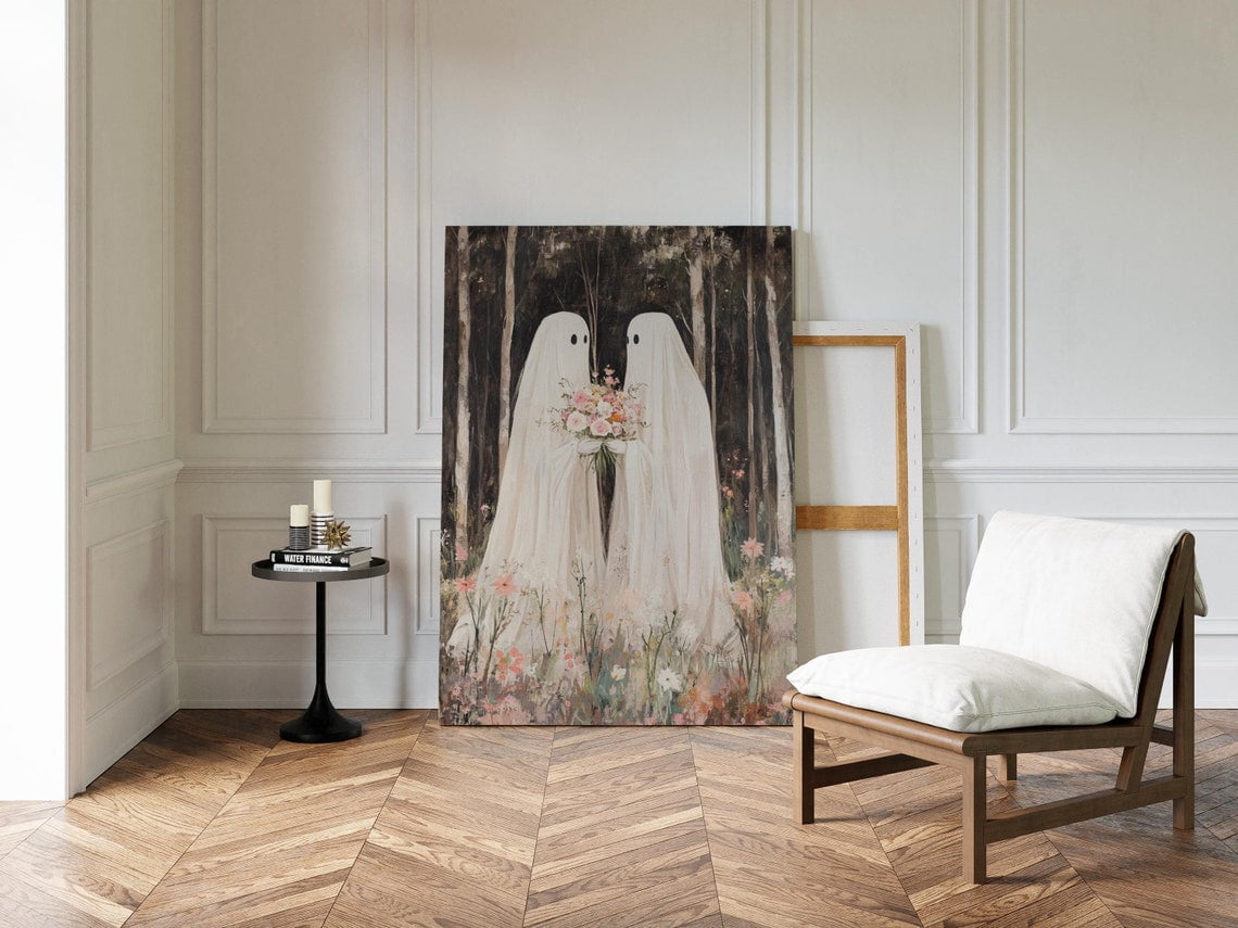 Whimsical Ghost Wedding Wall Art - Romantic Birch Forest Scene With ...