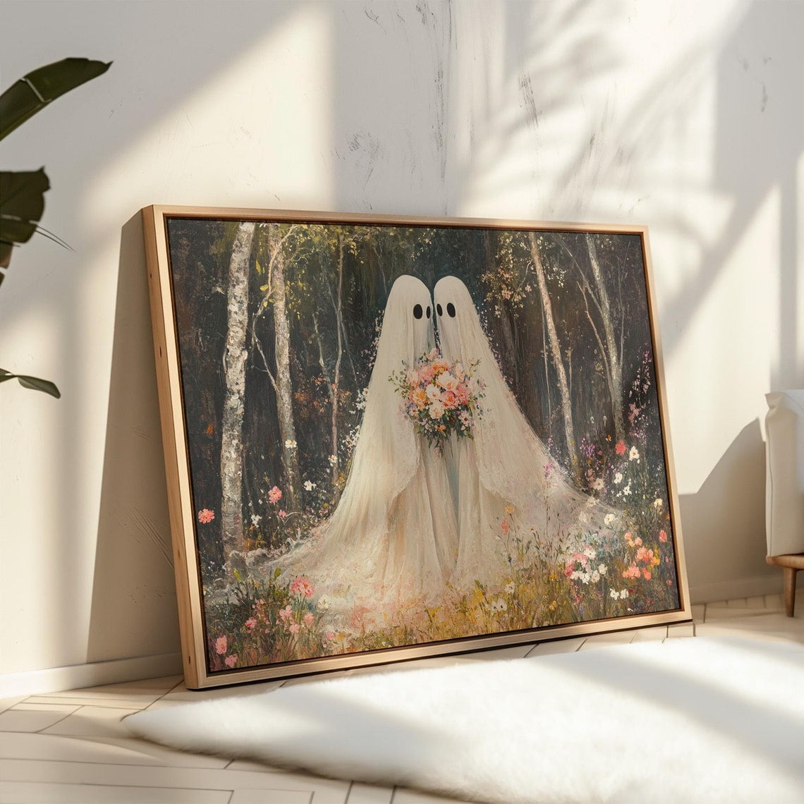 Whimsical Ghost Wedding Wall Art - Romantic Floral Forest Scene With ...