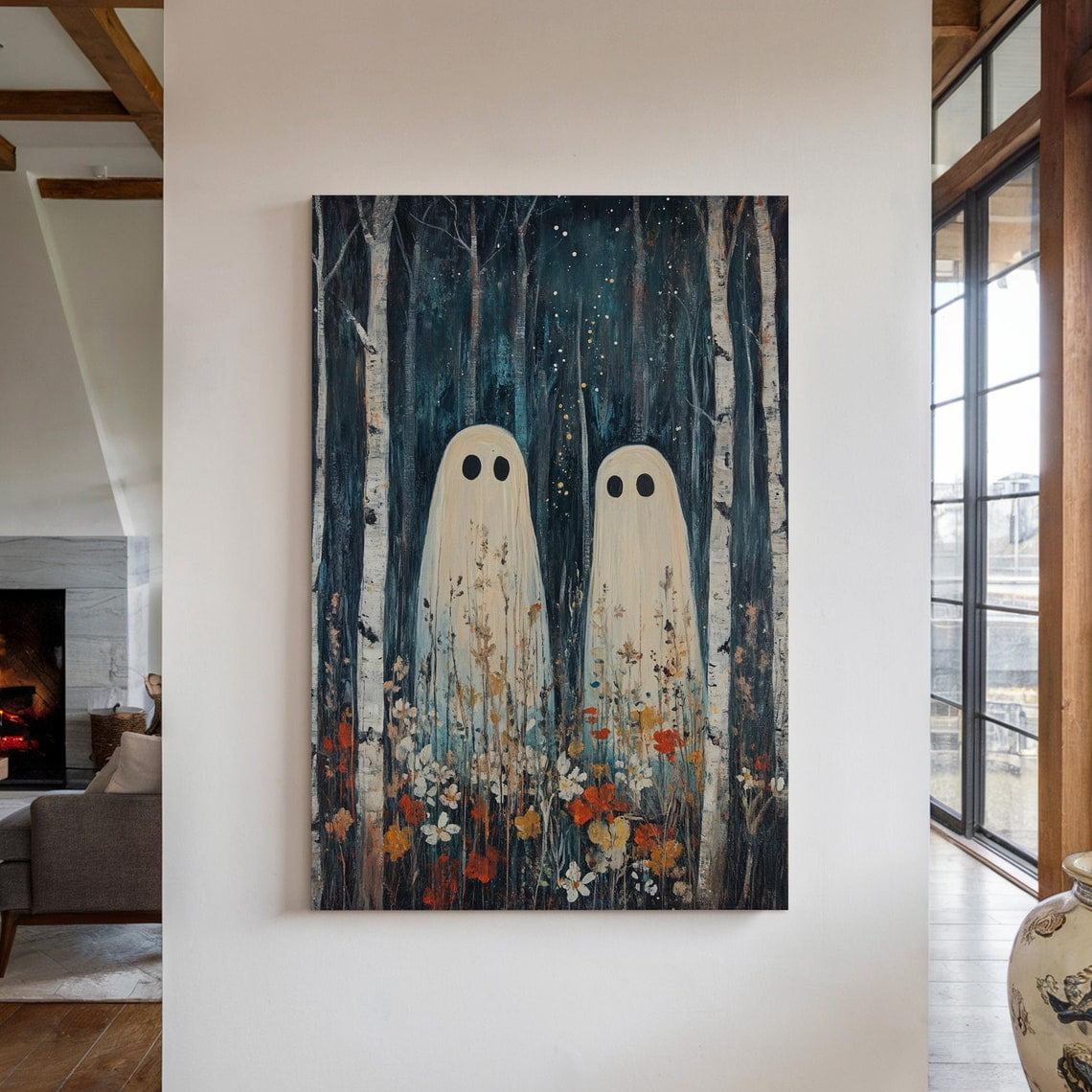 Whimsical Ghosts In Forest Art Print, Spooky Autumn Wall Decor ...
