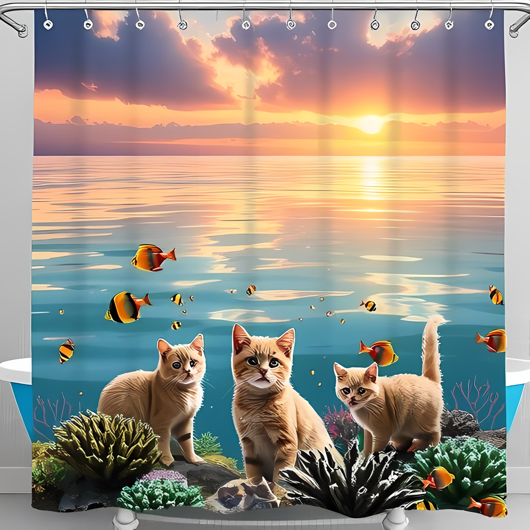 Whimsical Ginger Underwater Shower Curtain - Vibrant Sunset Ocean Scene ...