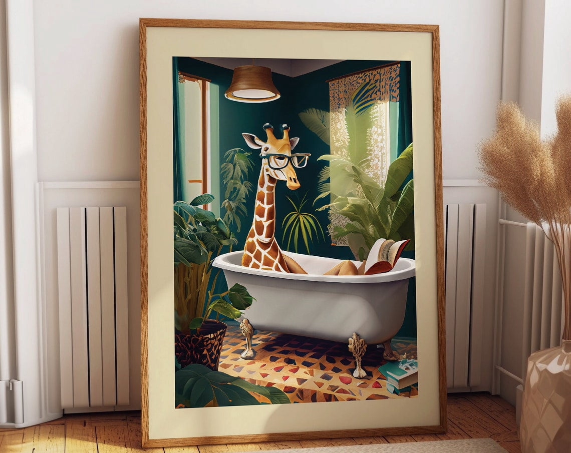 Whimsical Giraffe Bathtub Art - Charming Watercolor Prints Of Playful ...