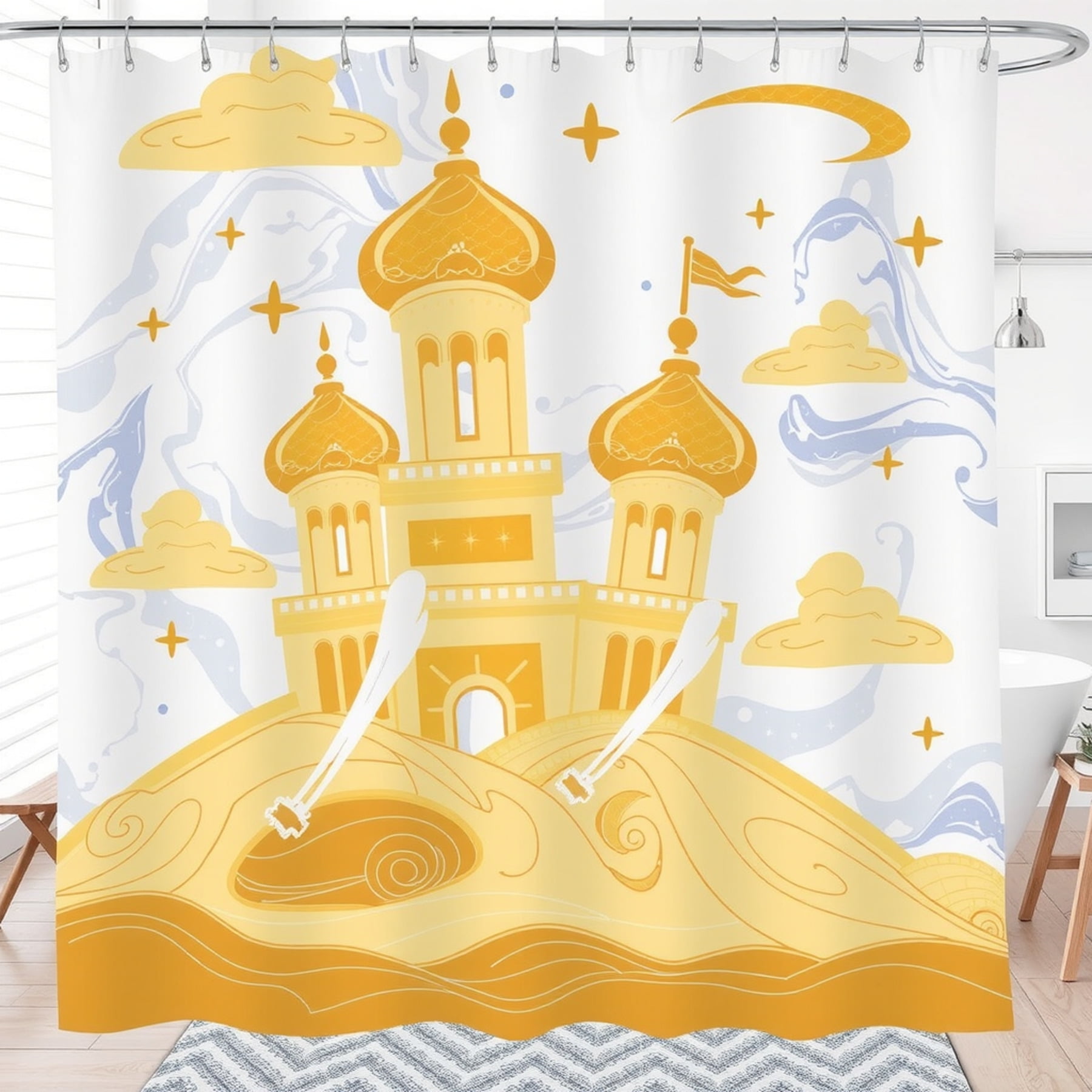Whimsical Golden Castle Shower Curtain - Magical Fantasy Design for ...