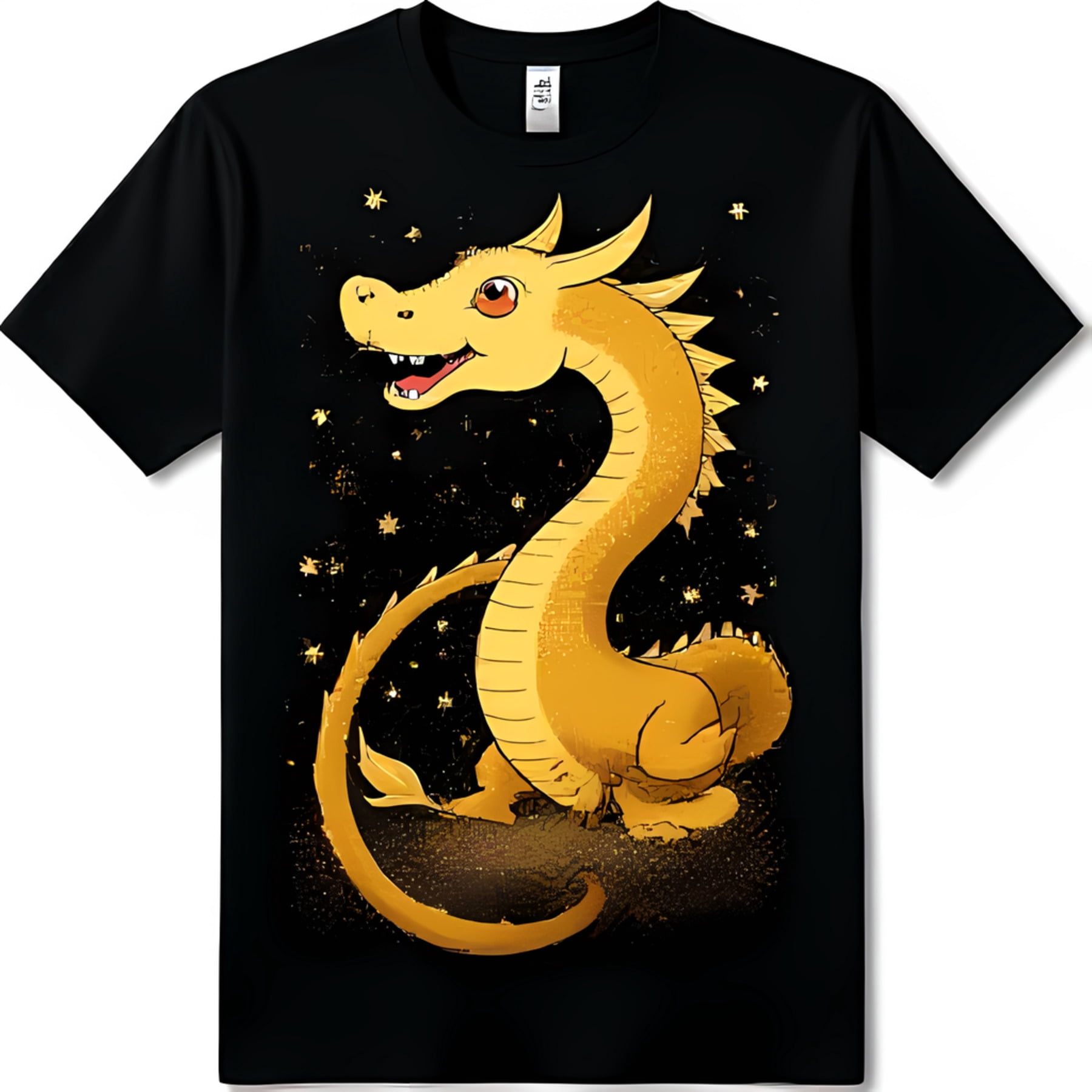 Whimsical Golden Graphic Black T-Shirt Enchanting Design with Stars ...
