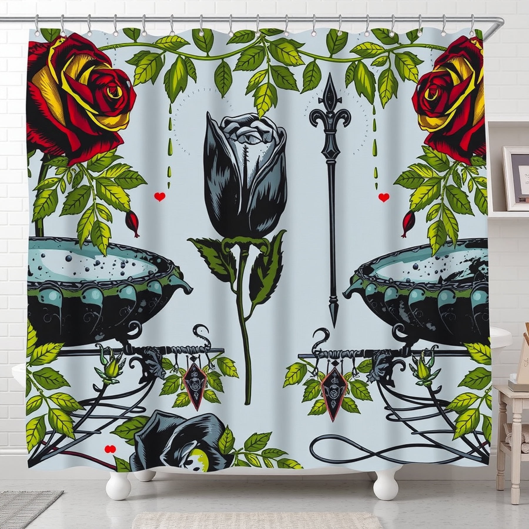Whimsical Gothic Floral Shower Curtain - Light Gray with Red & Black ...