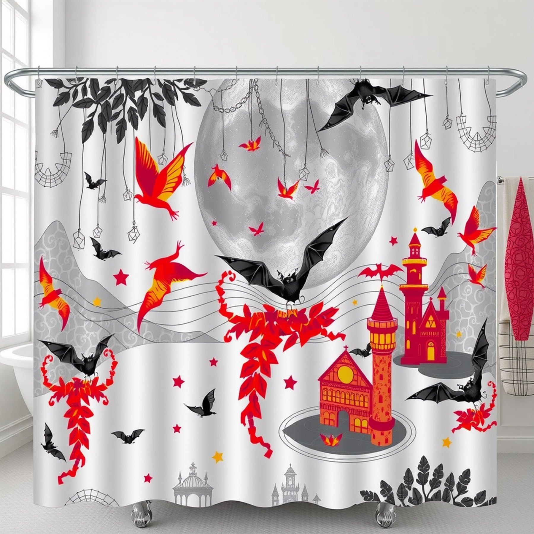 Whimsical Gothic Shower Curtain - Bats Moon Castle & Vines - Playful ...