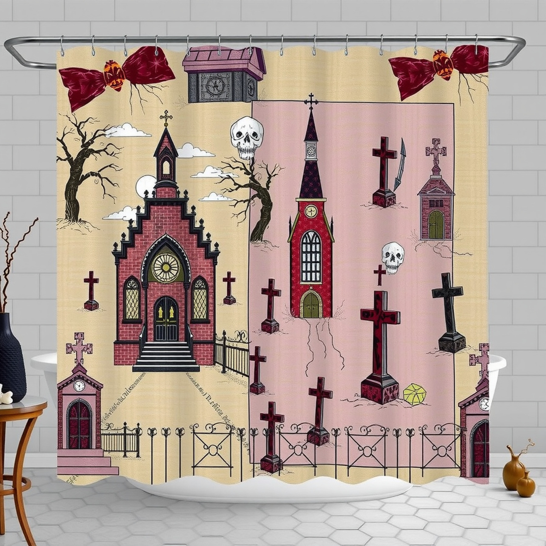 Whimsical Gothic Shower Curtain with Churches, Tombstones & Bows ...
