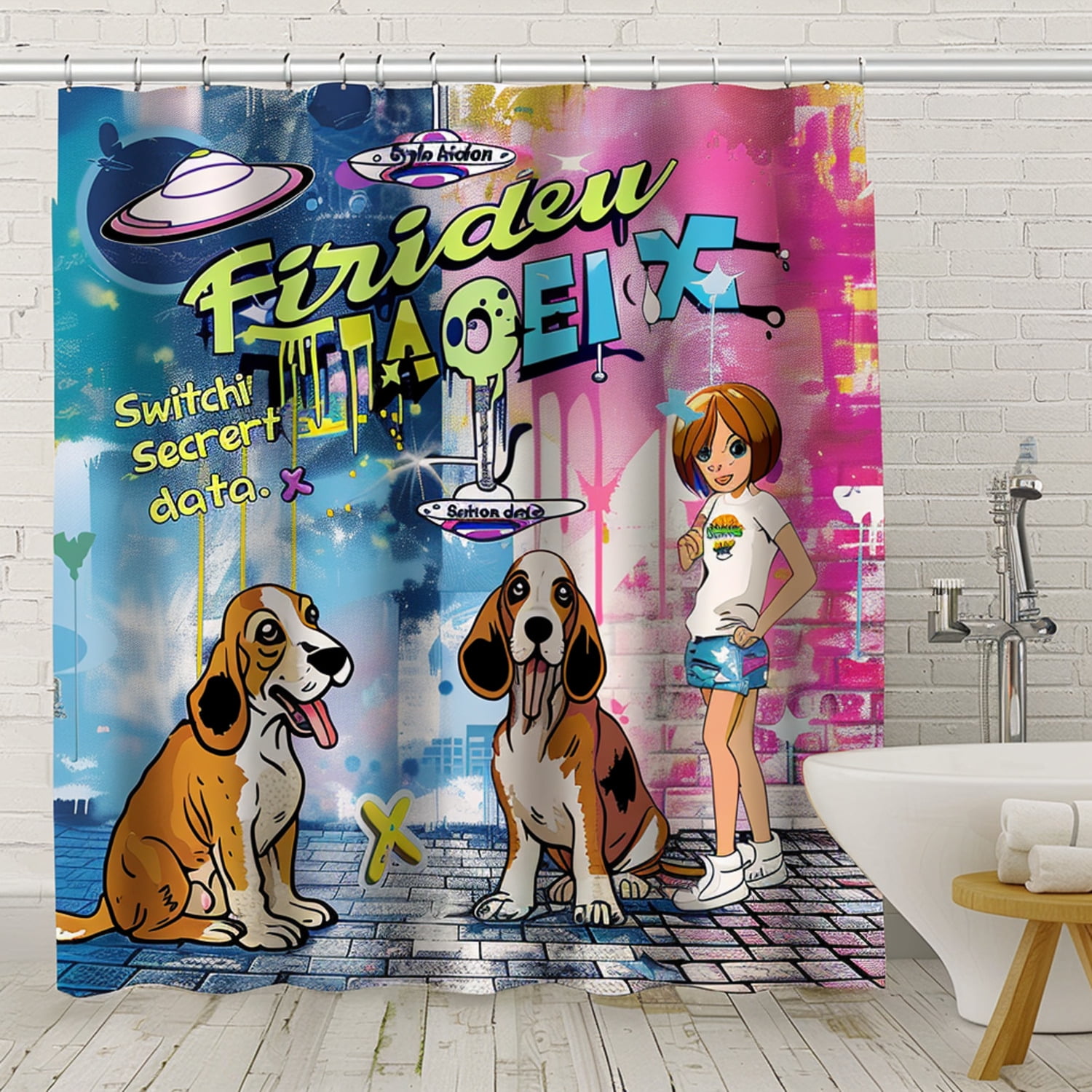 Whimsical Graffiti Shower Curtain with Alien Basset Hound and Colorful ...