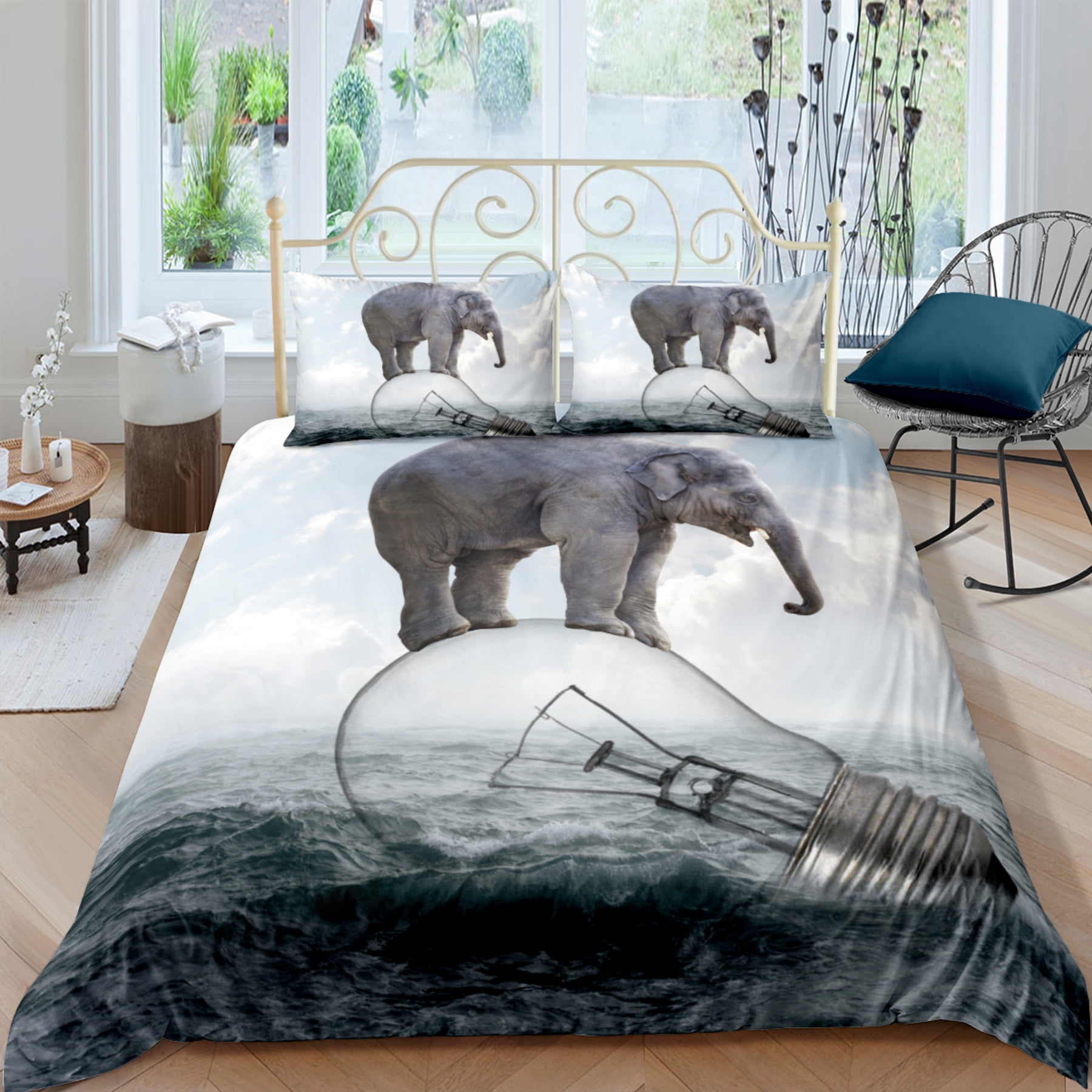 Whimsical Gray Elephant Bedding Set Surreal Duvet Cover & Pillowcases ...