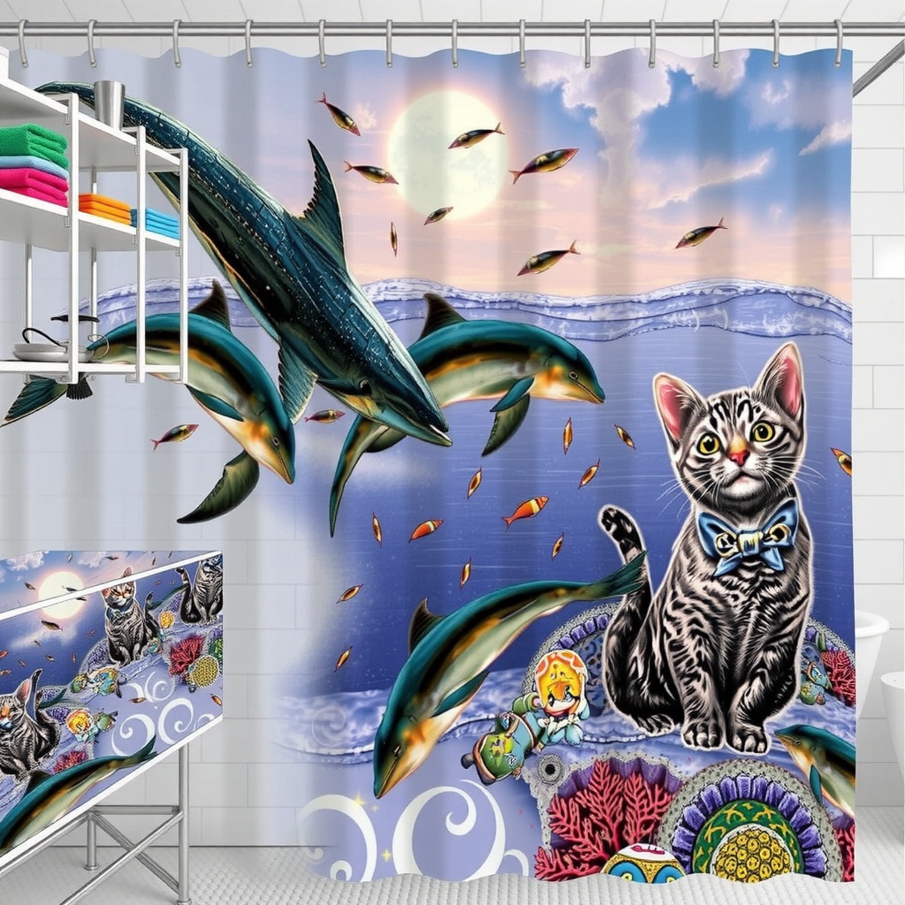 Whimsical Gray Tabby Cat Shower Curtain with Ocean Scene & Marine Life ...