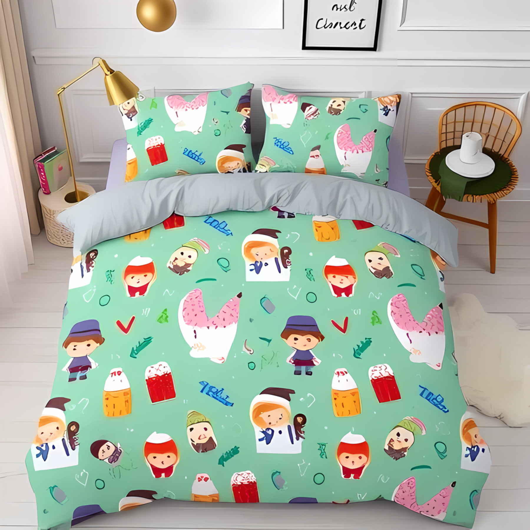 Whimsical Green Bedding Set with Cartoon Characters - Cheerful Wintery ...