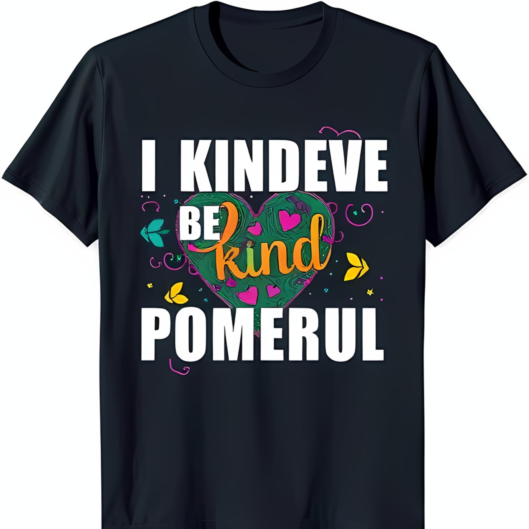 Whimsical Green Heart T-Shirt 'Be Kind' with Colorful Swirls & White ...