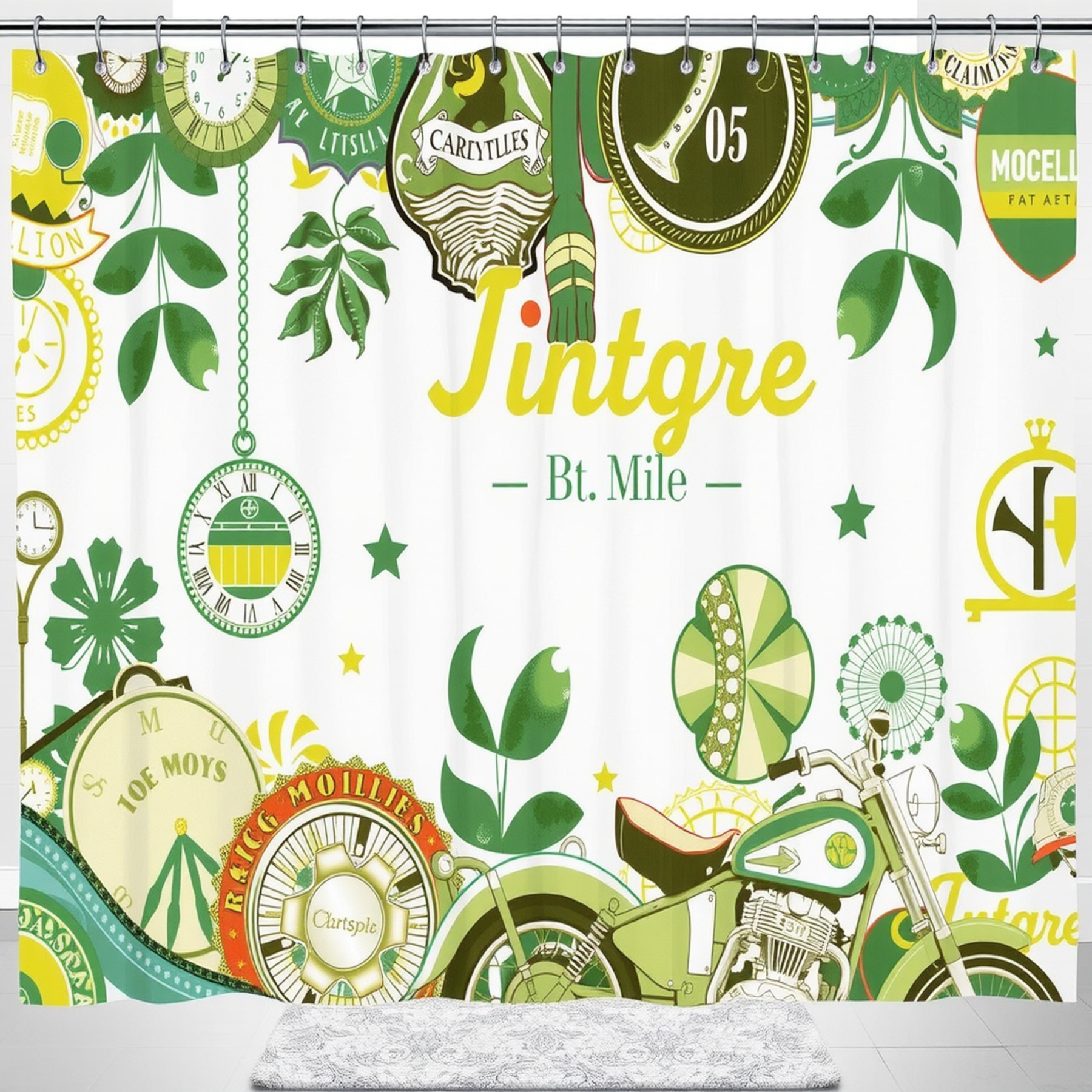 Whimsical Green & Yellow Vintage Shower Curtain with Clocks & Plants ...