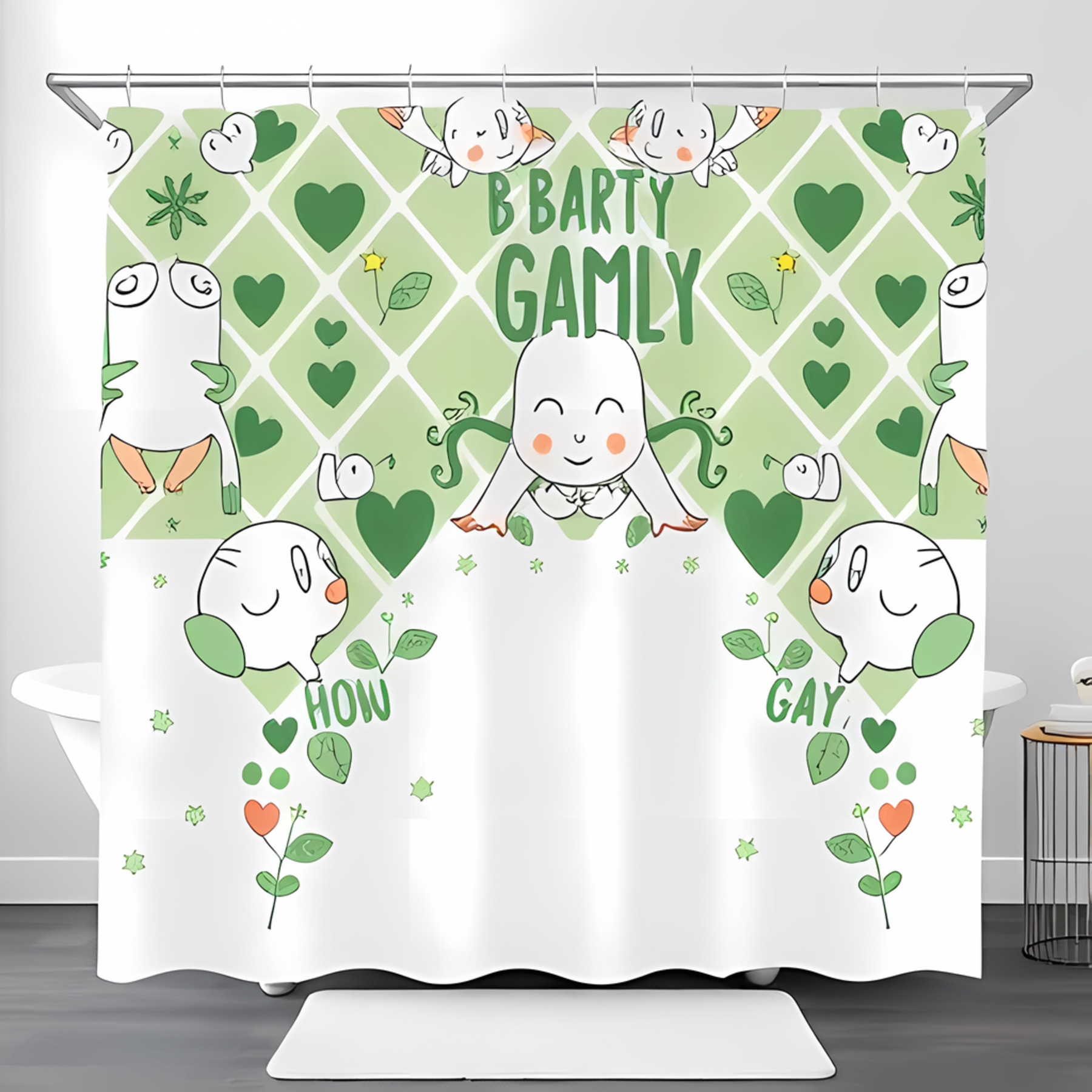 Whimsical Green and White Shower Curtain with Playful Cartoon ...