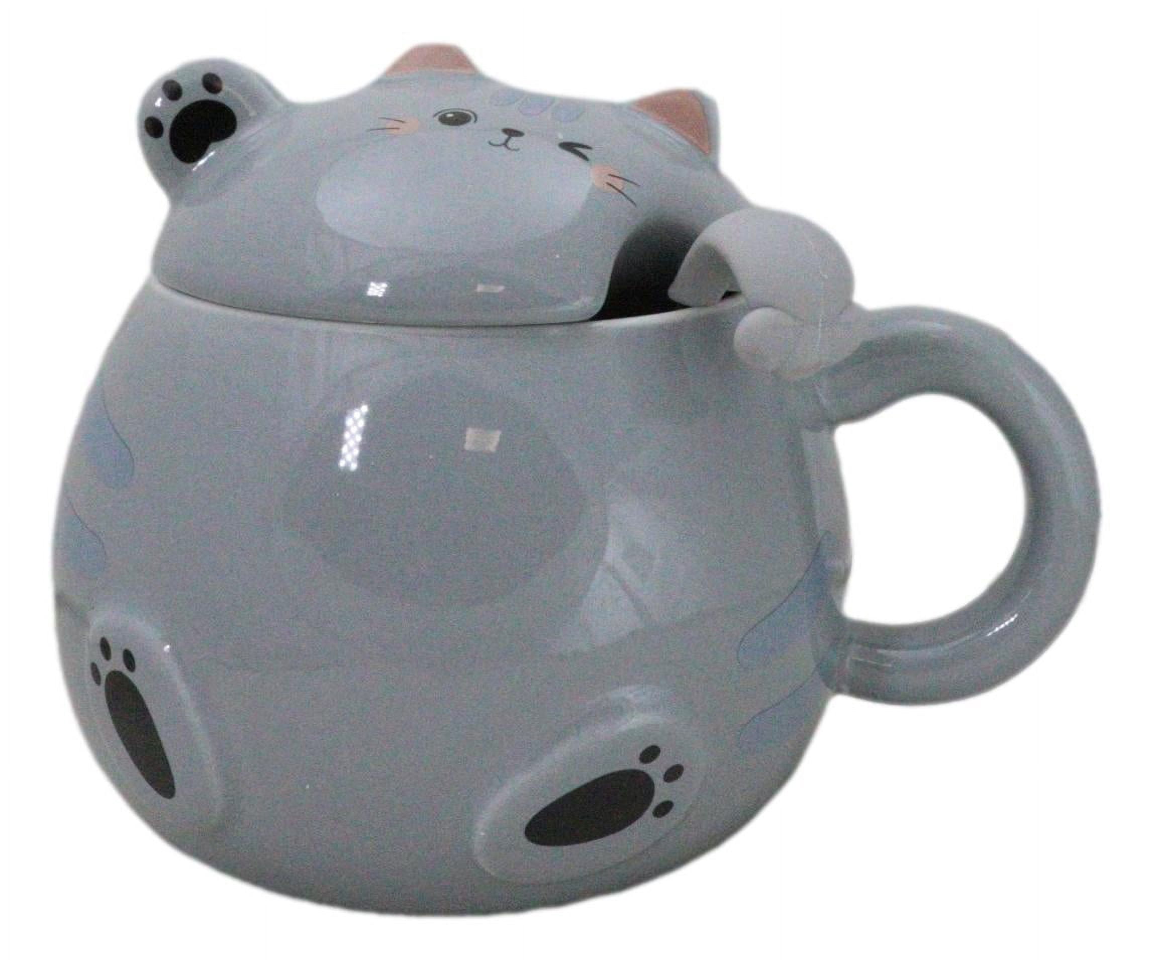 Whimsical Grey Chubby Feline Kitty Cat Cup Mug With Lid And Stirring ...