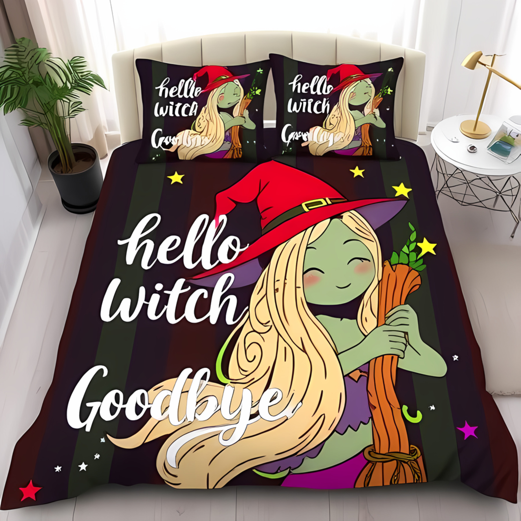 Whimsical Halloween 3-Piece Duvet Cover Set - Cartoon Witch Design with ...