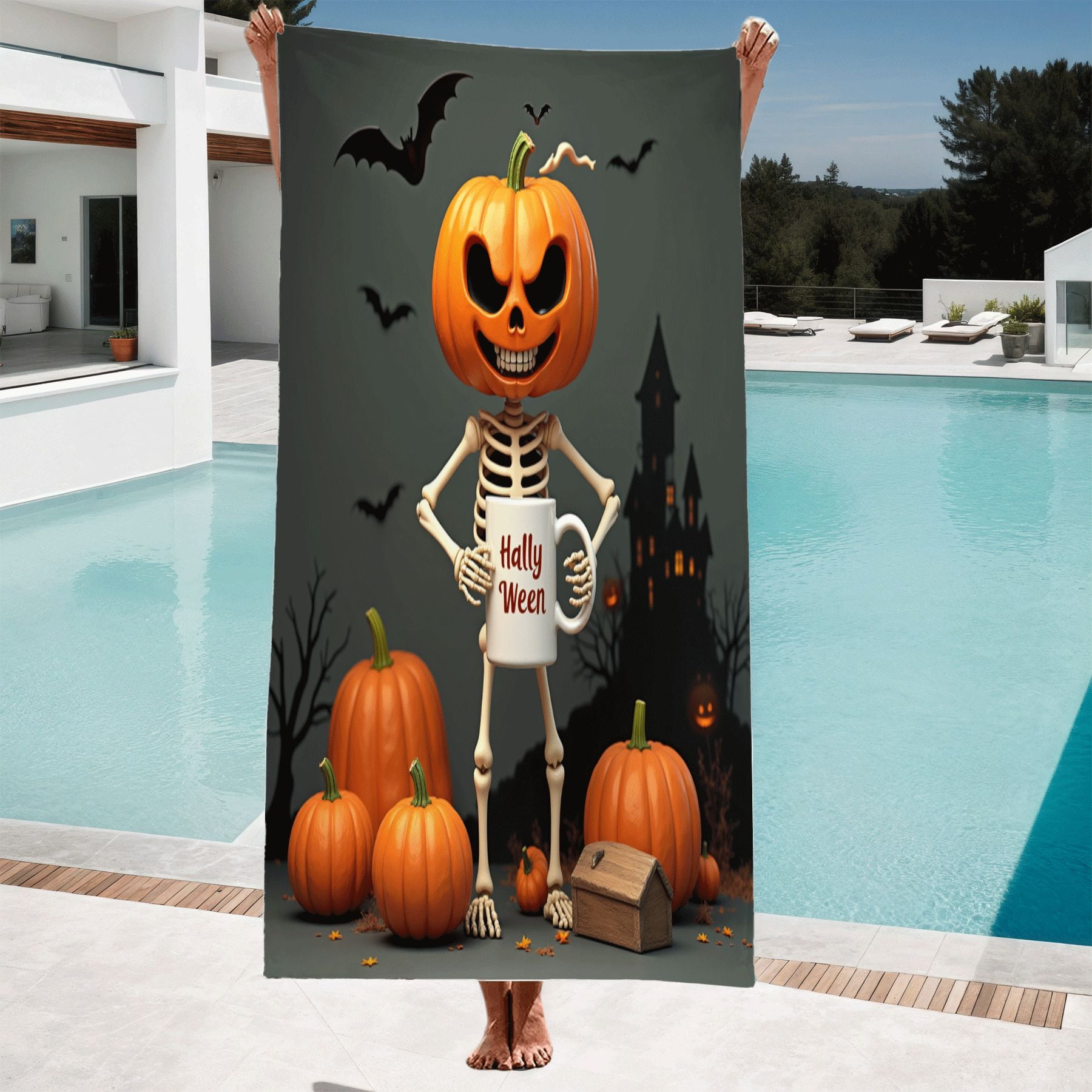 Whimsical Halloween Beach Towel - Festive Pumpkin & Skeleton Design ...