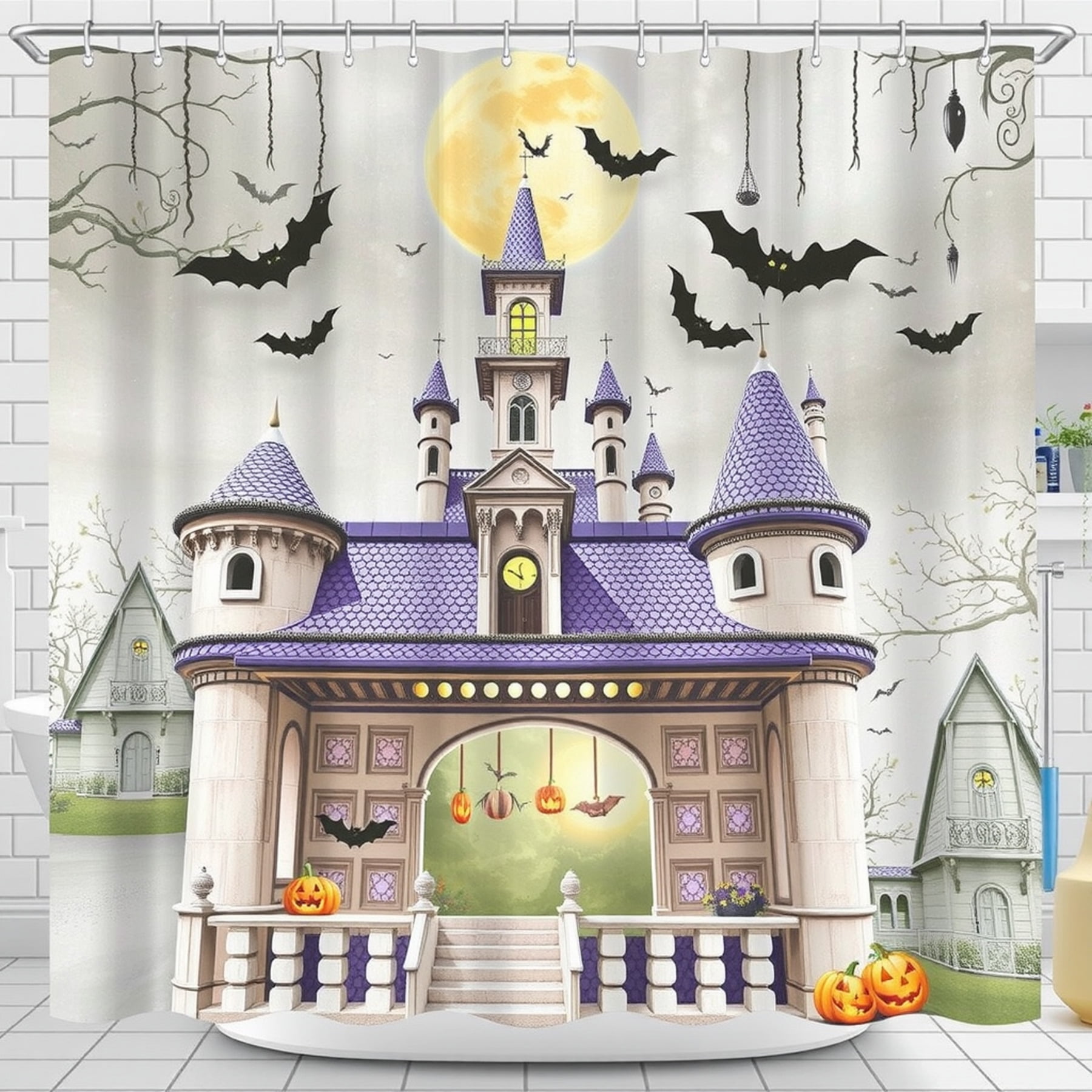 Whimsical Halloween Castle Shower Curtain - Purple Turrets Bats Full ...