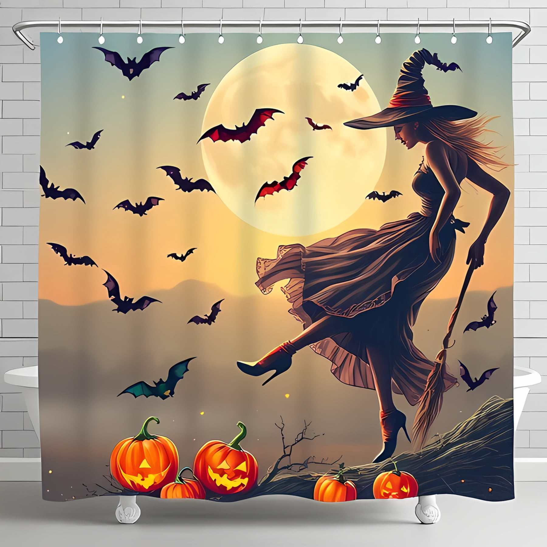 Whimsical Halloween Shower Curtain - Bewitching Witch on Broomstick ...