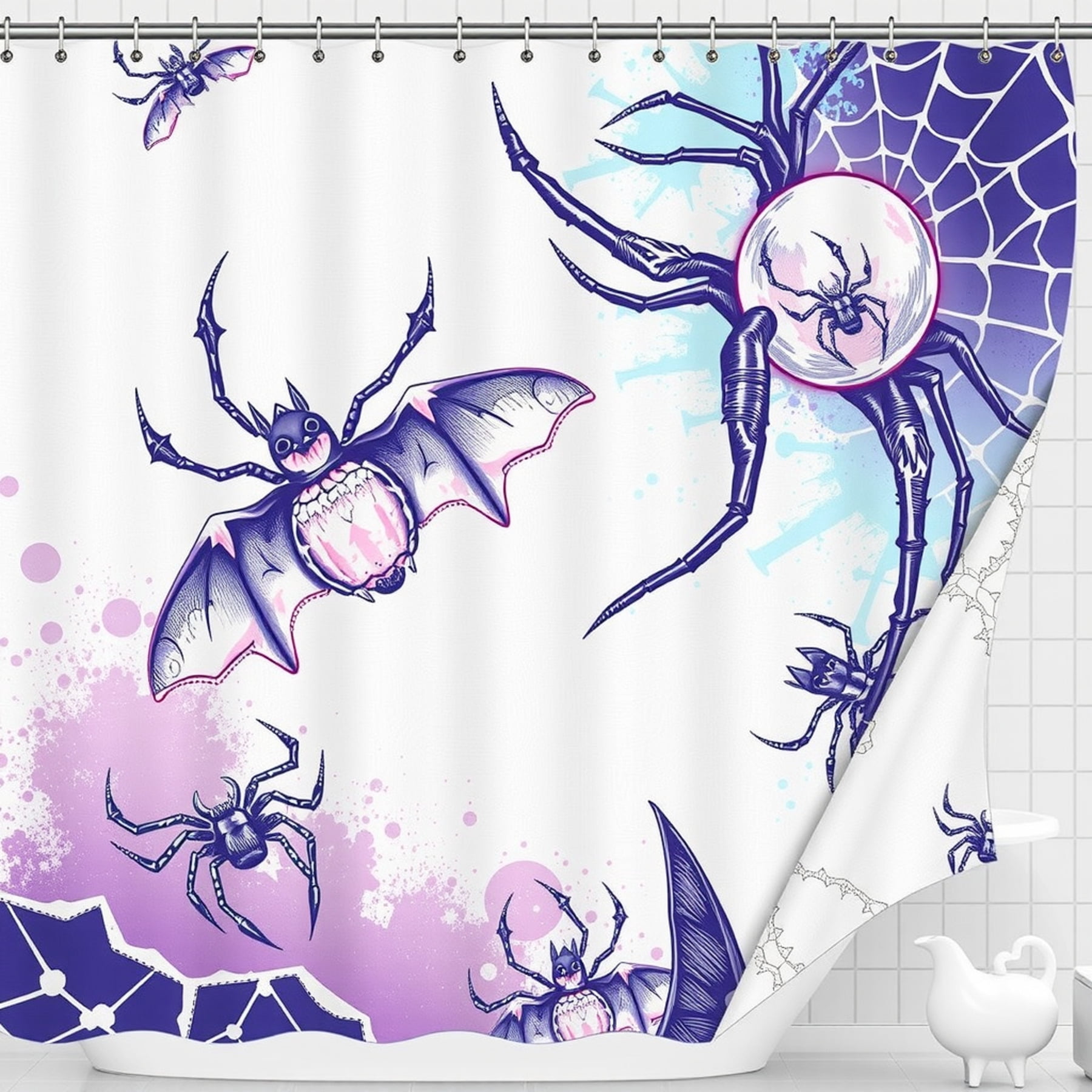 Whimsical Halloween Shower Curtain - Cartoon Bats & Spiders on Pale ...
