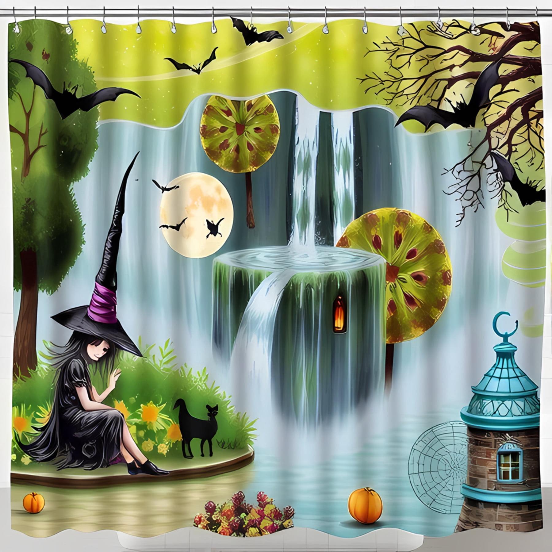 Whimsical Halloween Shower Curtain - Enchanting Witch Black Cat Full ...