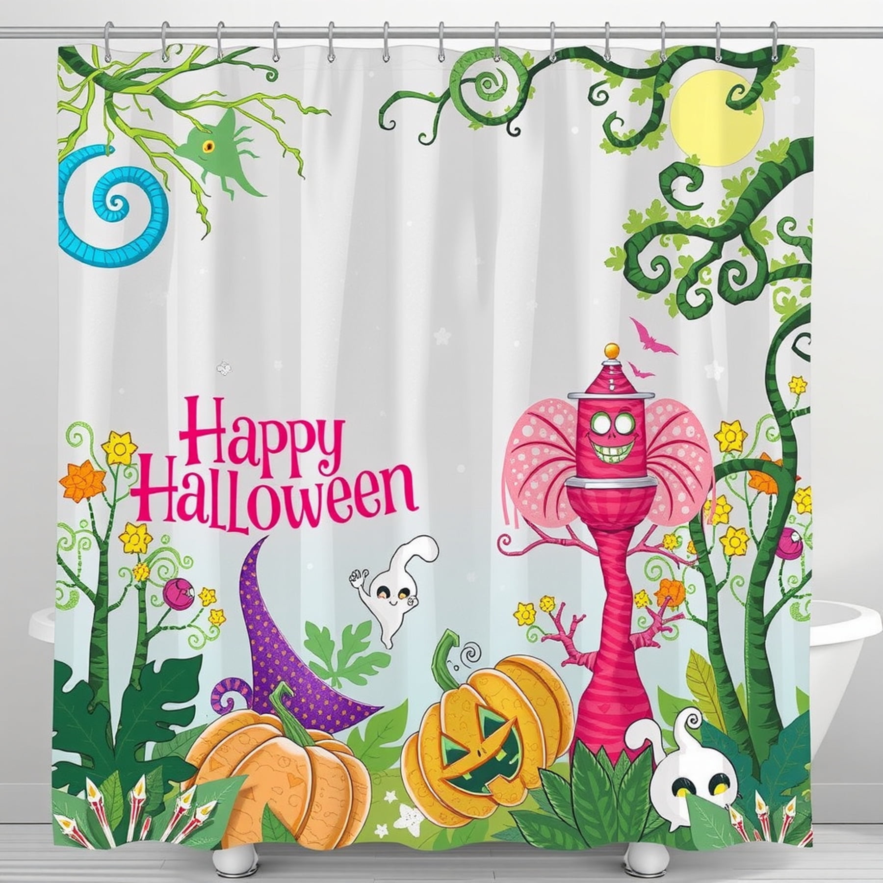 Whimsical Halloween Shower Curtain - Pink Fire Hydrant, Ghost, Lanterns ...