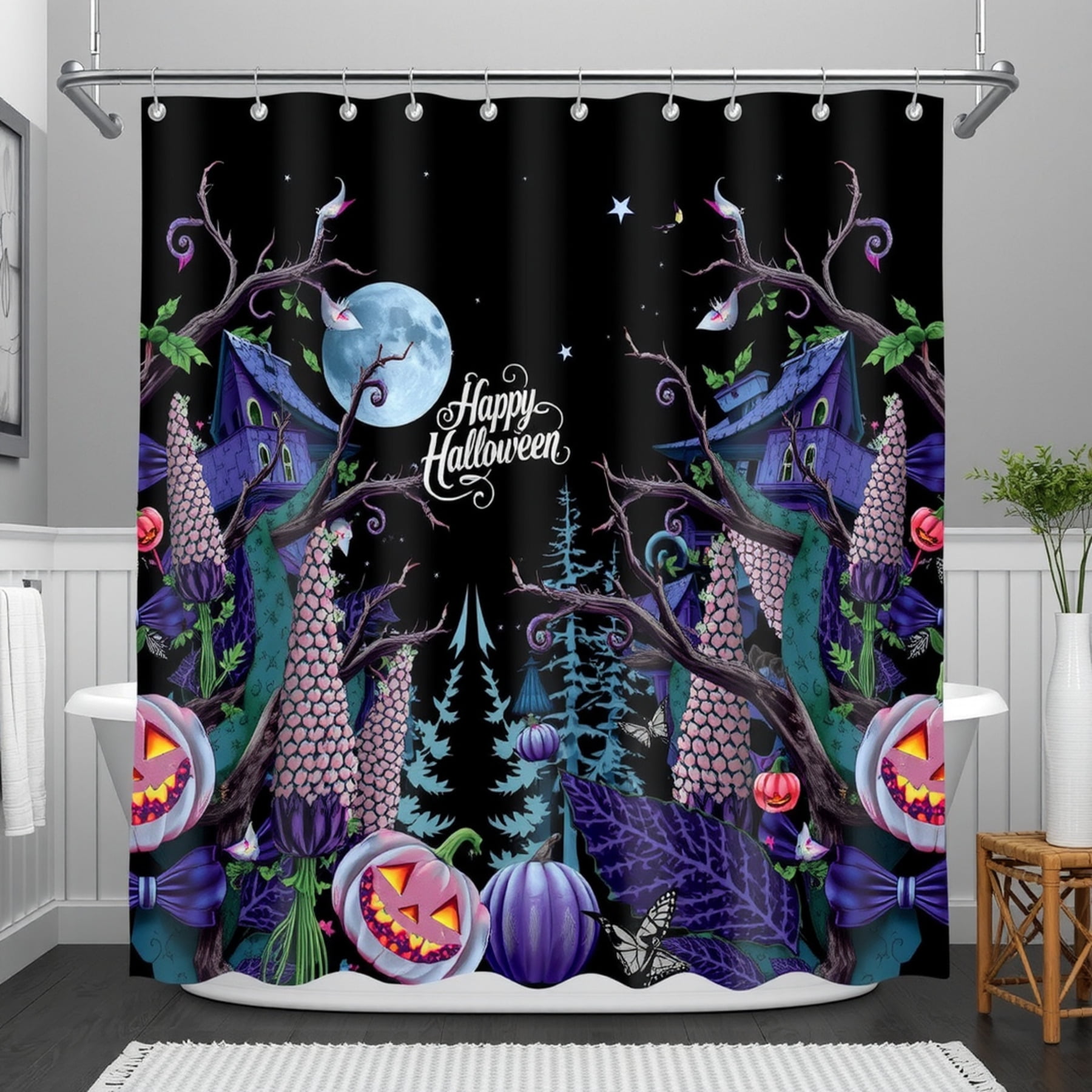 Whimsical Halloween Shower Curtain - Spooky Forest Design with Pumpkins ...